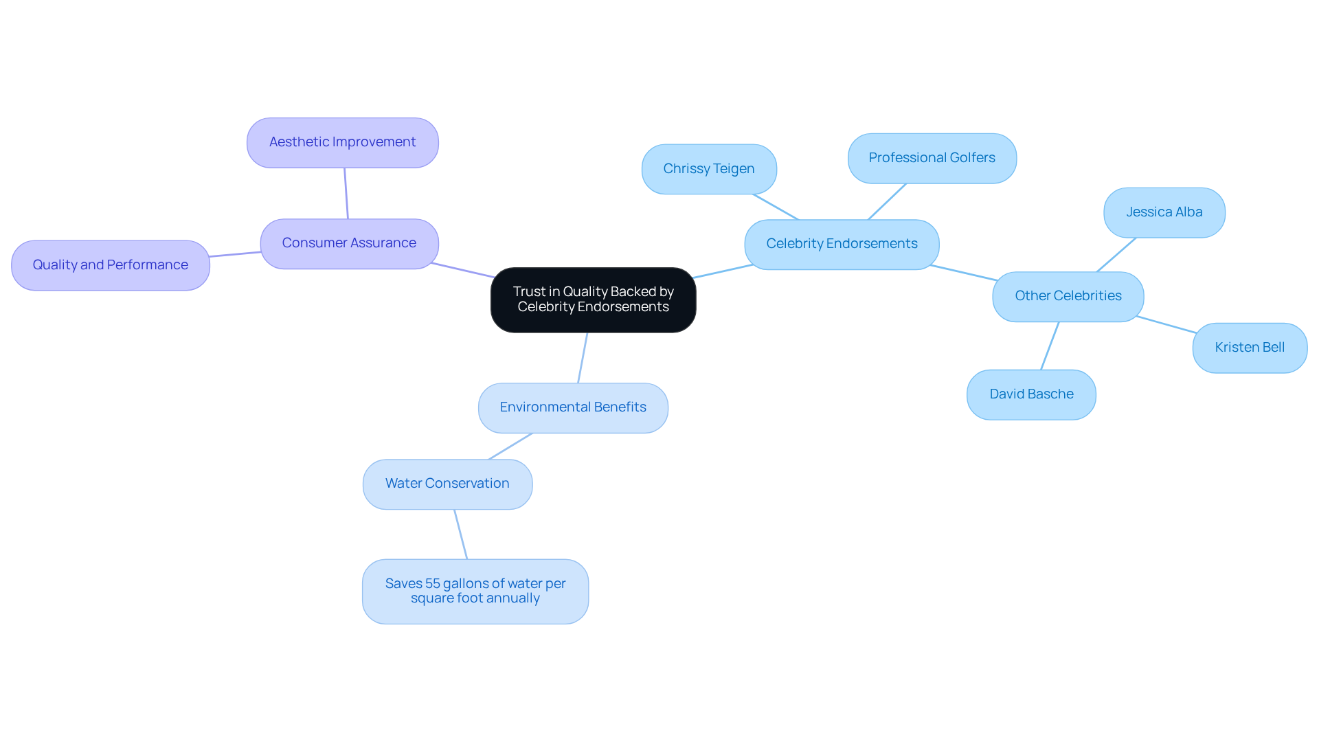 This mindmap illustrates how celebrity endorsements enhance trust in synthetic grass. Each branch represents a key area: endorsements from famous figures, the environmental benefits of synthetic grass, and how these factors assure consumers about their choices. Follow the branches to explore how these elements connect and support the overall theme.