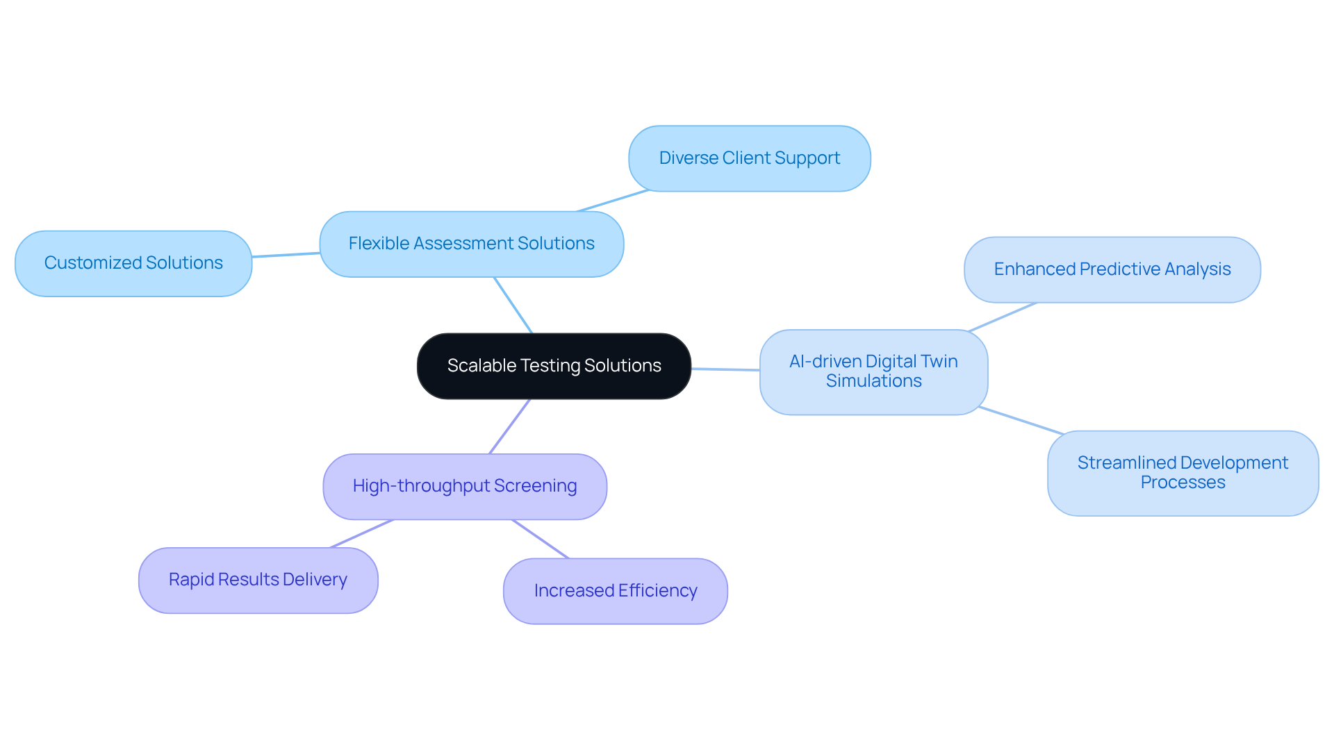 Start at the center with the main idea of scalable testing solutions, then explore the branches to see how the company adapts its services to meet different client needs.