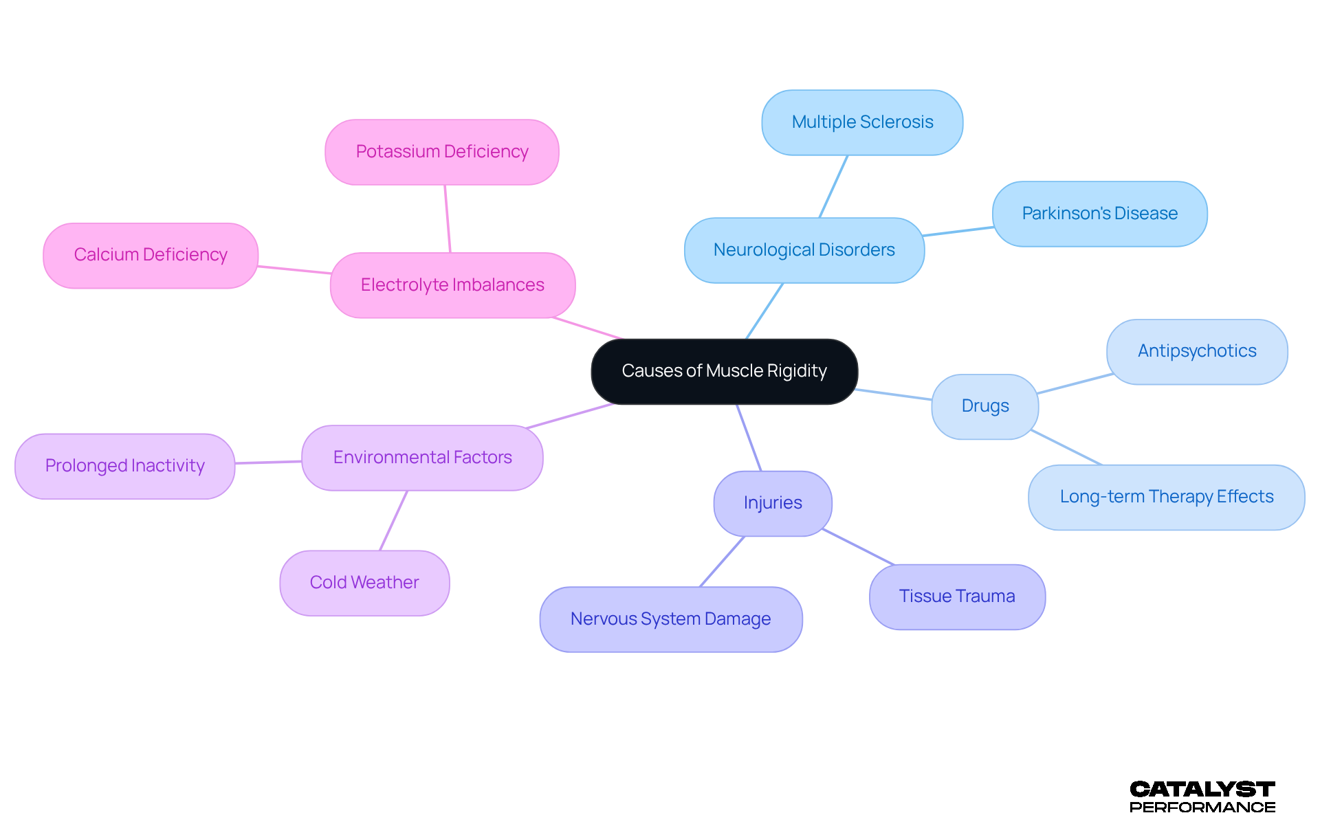 The central node represents the main topic, while each branch shows a different cause of muscle rigidity. Follow the branches to learn more about each factor and how they contribute to stiffness. The central node represents the main topic, while each branch shows a different cause of muscle rigidity. Follow the branches to learn more about each factor and how they contribute to stiffness.