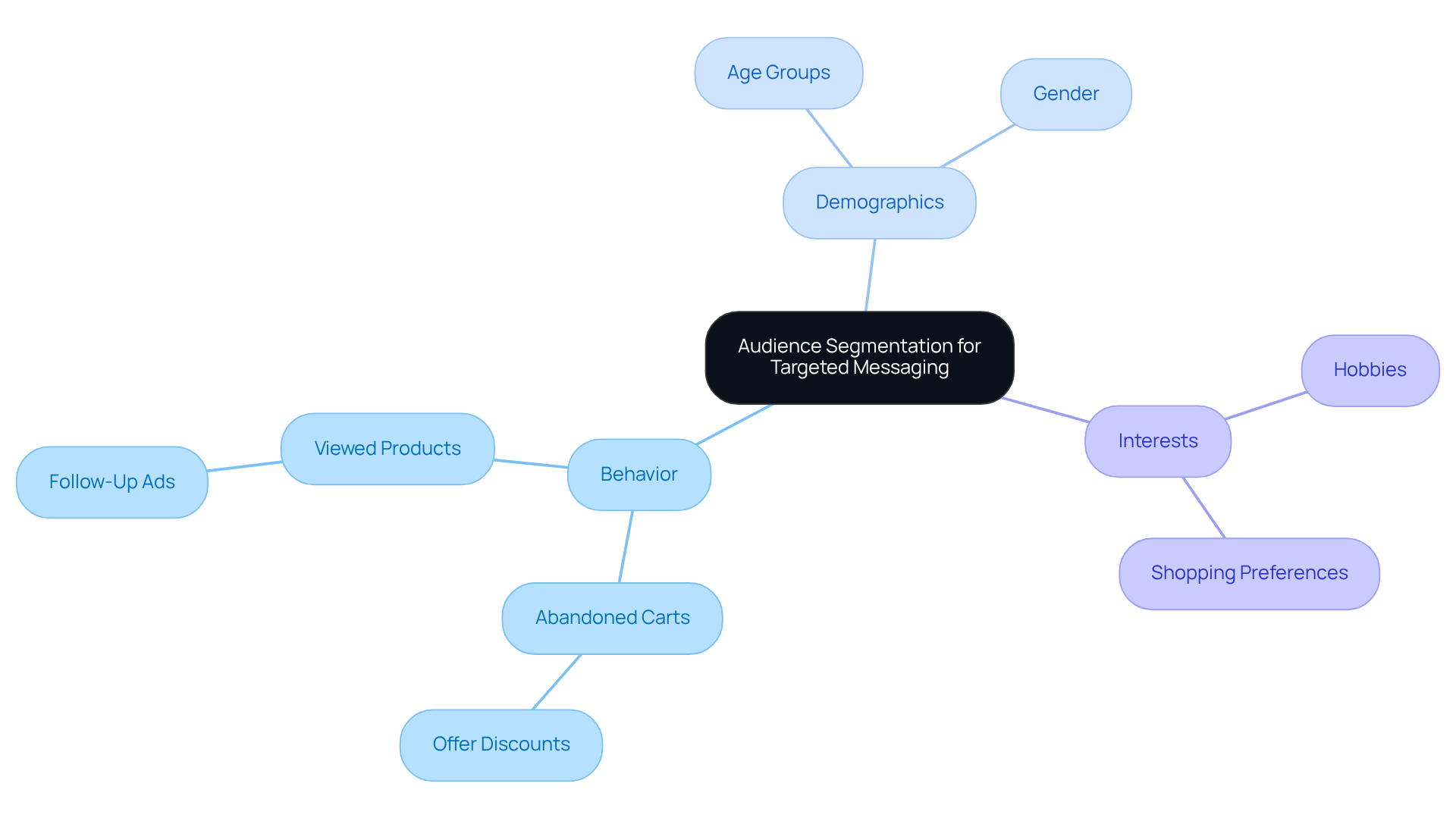 This mindmap shows how to segment your audience for better-targeted ads. Start at the center with the main idea, then follow the branches to see different ways to categorize your audience and the strategies for each group.