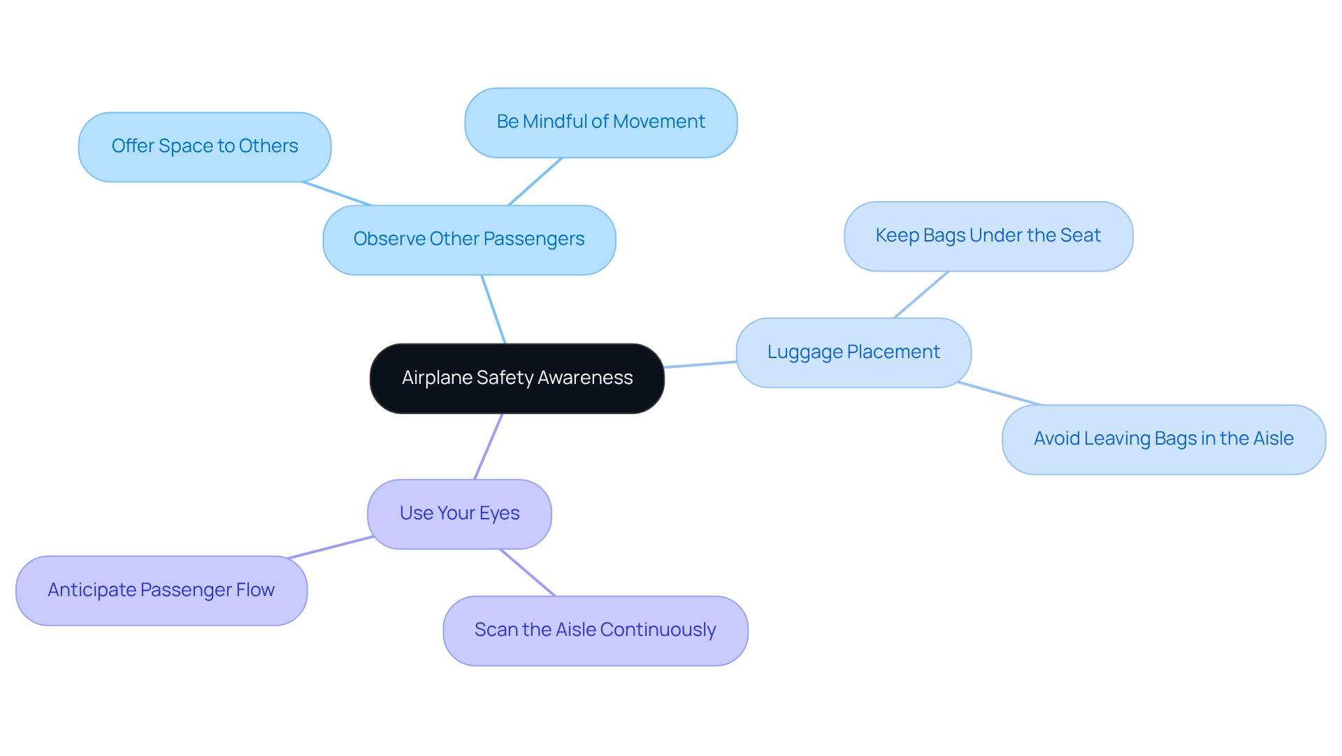The central idea is about staying safe while traveling. Each branch represents a key area of focus, with tips to help you navigate the airplane safely. Follow the branches to see how each aspect contributes to a safer travel experience.