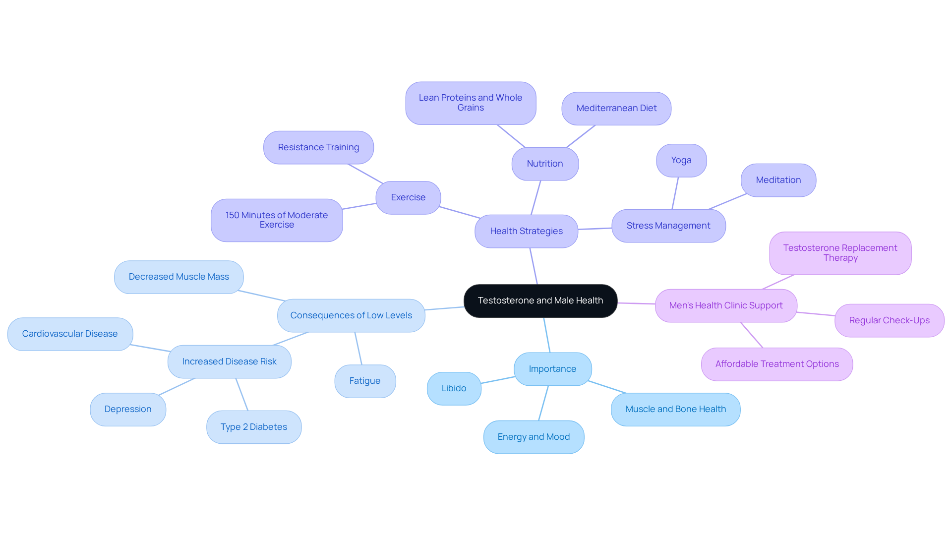 The central node represents testosterone, with branches showing its importance, the effects of low levels, and strategies to maintain healthy levels. Each color-coded branch helps you easily identify different aspects of testosterone's role in health. The central node represents testosterone, with branches showing its importance, the effects of low levels, and strategies to maintain healthy levels. Each color-coded branch helps you easily identify different aspects of testosterone's role in health.