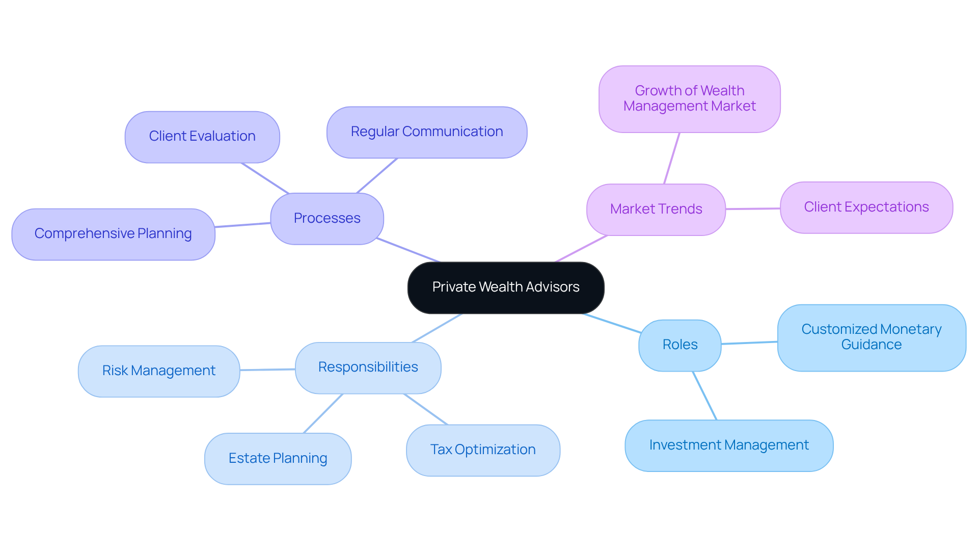 The center represents private wealth advisors, with branches showing their key roles and responsibilities. Each branch elaborates on specific areas they cover, making it clear how they assist families in managing their wealth.
