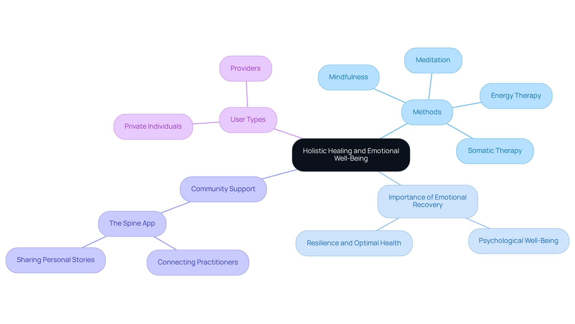 The central node represents holistic healing, while the branches show different aspects like methods and community support. Each color-coded branch helps you see how these ideas connect and contribute to emotional well-being.