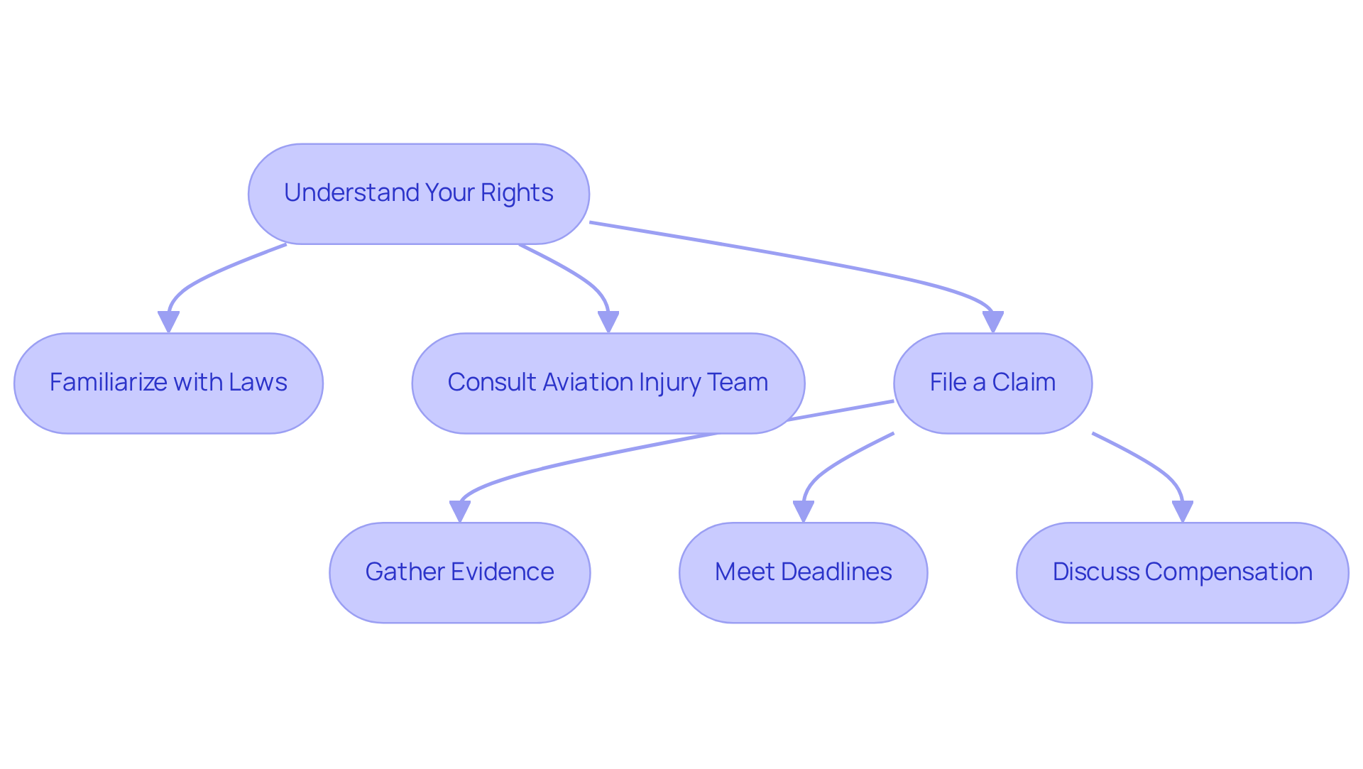 This flowchart guides you through the steps to understand your rights and file a claim after an aviation accident. Follow the arrows to see what you need to do at each stage, from learning about the laws to consulting with a legal team and filing your claim.