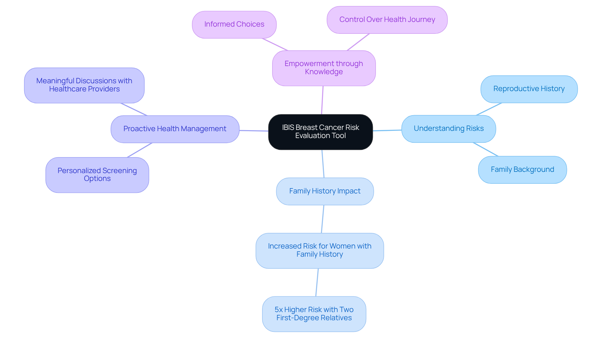 The central node represents the IBIS tool, while the branches show different aspects of breast cancer risk evaluation. Each branch highlights important factors that contribute to understanding personal health risks.