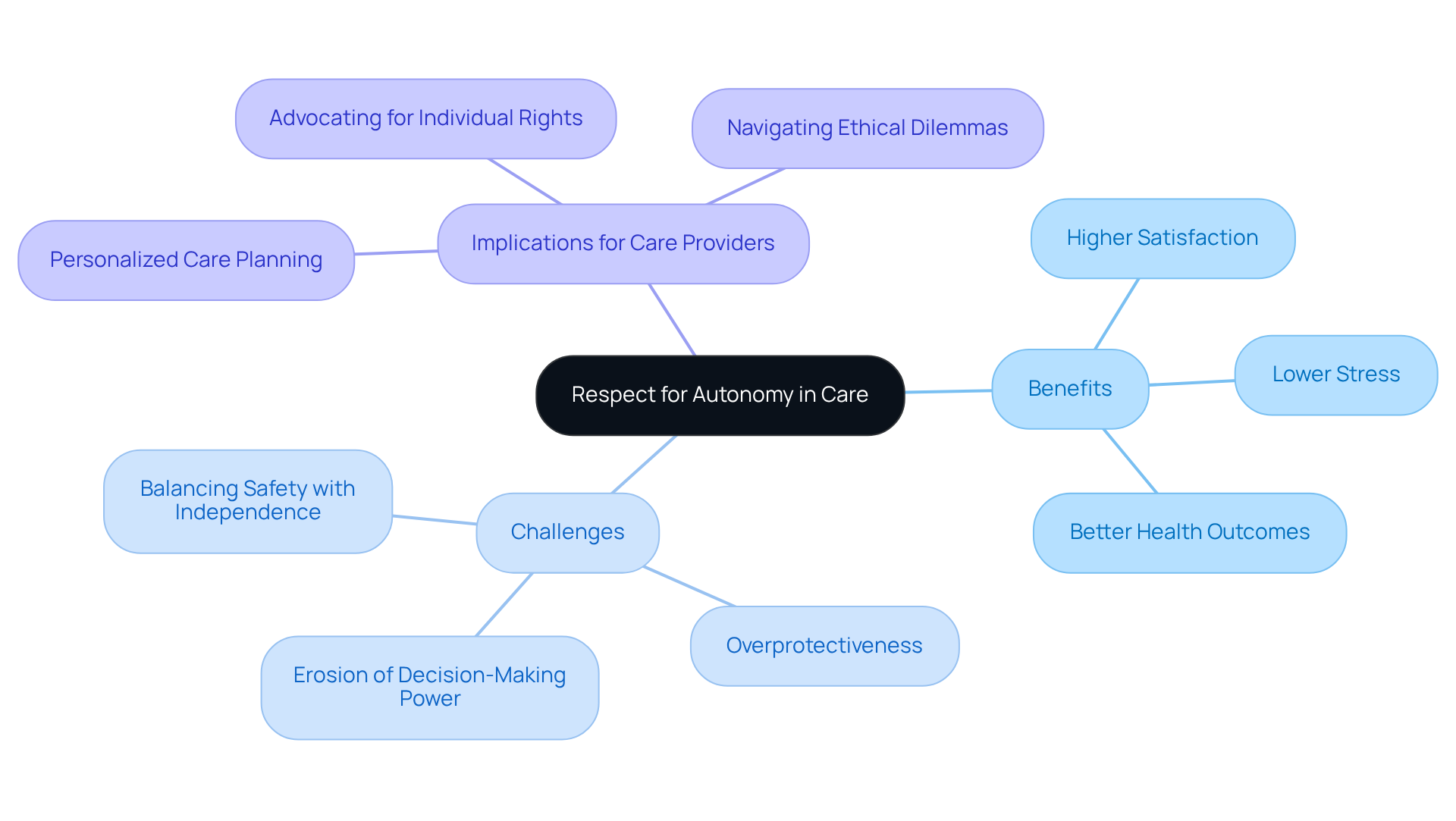 At the center is respect for patient autonomy. Branches show how it benefits individuals, the challenges faced in promoting it, and its implications for care providers. At the center is respect for patient autonomy. Branches show how it benefits individuals, the challenges faced in promoting it, and its implications for care providers.