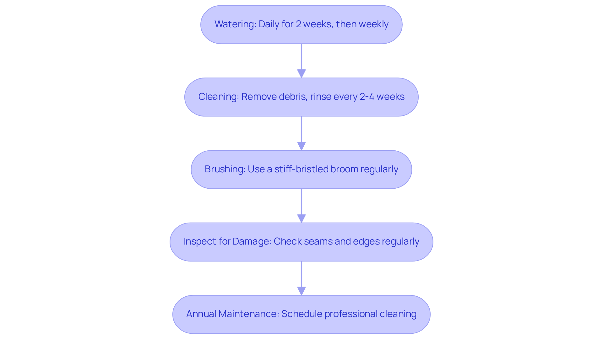 Each box represents a step in the turf care process. Follow the arrows to see the order of tasks - from watering daily to scheduling annual maintenance, each step is crucial for keeping your lawn healthy and beautiful.