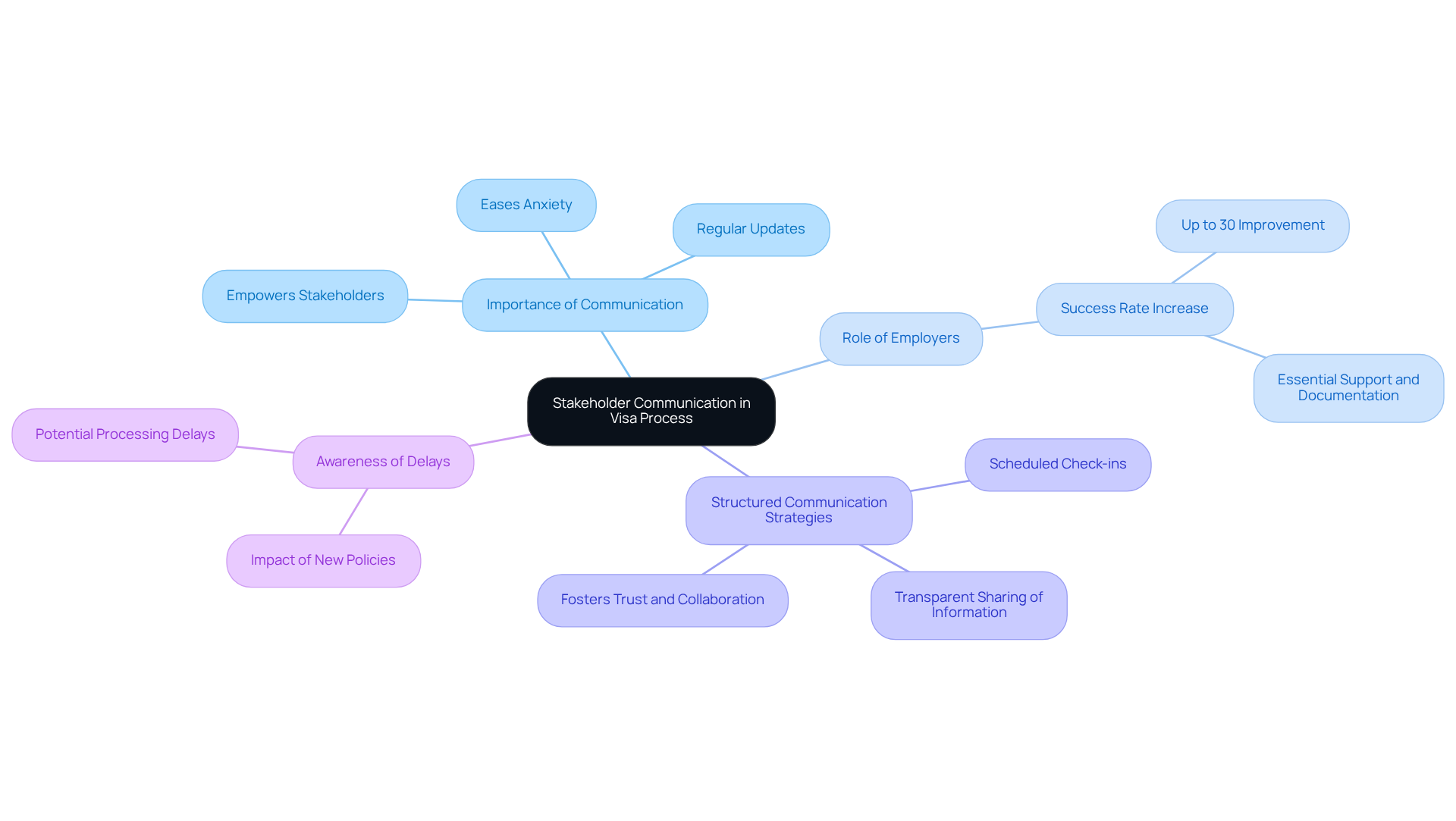 The central node represents the main theme of communication during the visa process. Each branch shows a key area of focus, with further details that explain why these aspects are important for keeping everyone informed and engaged.