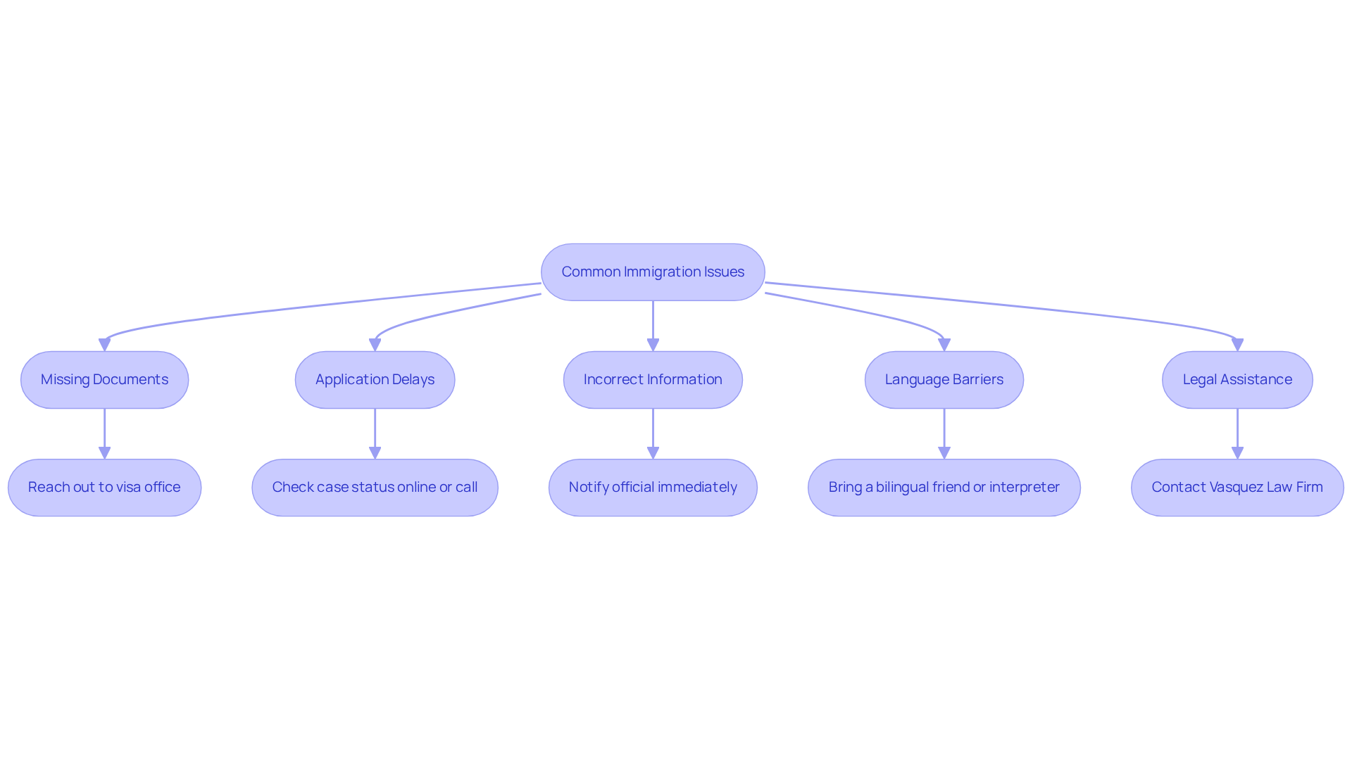 This flowchart helps you visualize common problems during the immigration process and the steps you can take to resolve them. Start at the top with the main issues, and follow the arrows to see the suggested solutions for each challenge.