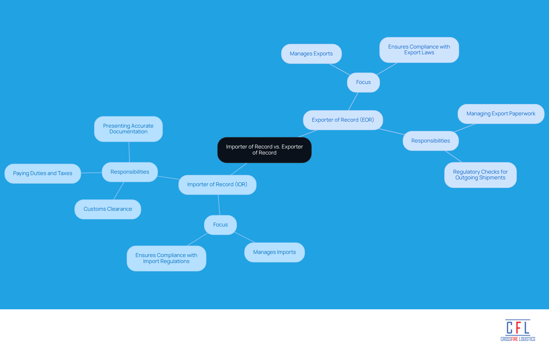 The central node represents the main topic, while the branches show the specific roles and responsibilities of each entity. Follow the branches to understand how IOR and EOR differ in focus and duties.