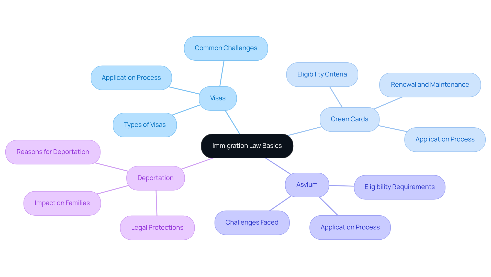 Start at the center with the main topic, then follow the branches to explore key terms and their meanings. Each branch represents a fundamental aspect of immigration law, helping you understand the landscape better.
