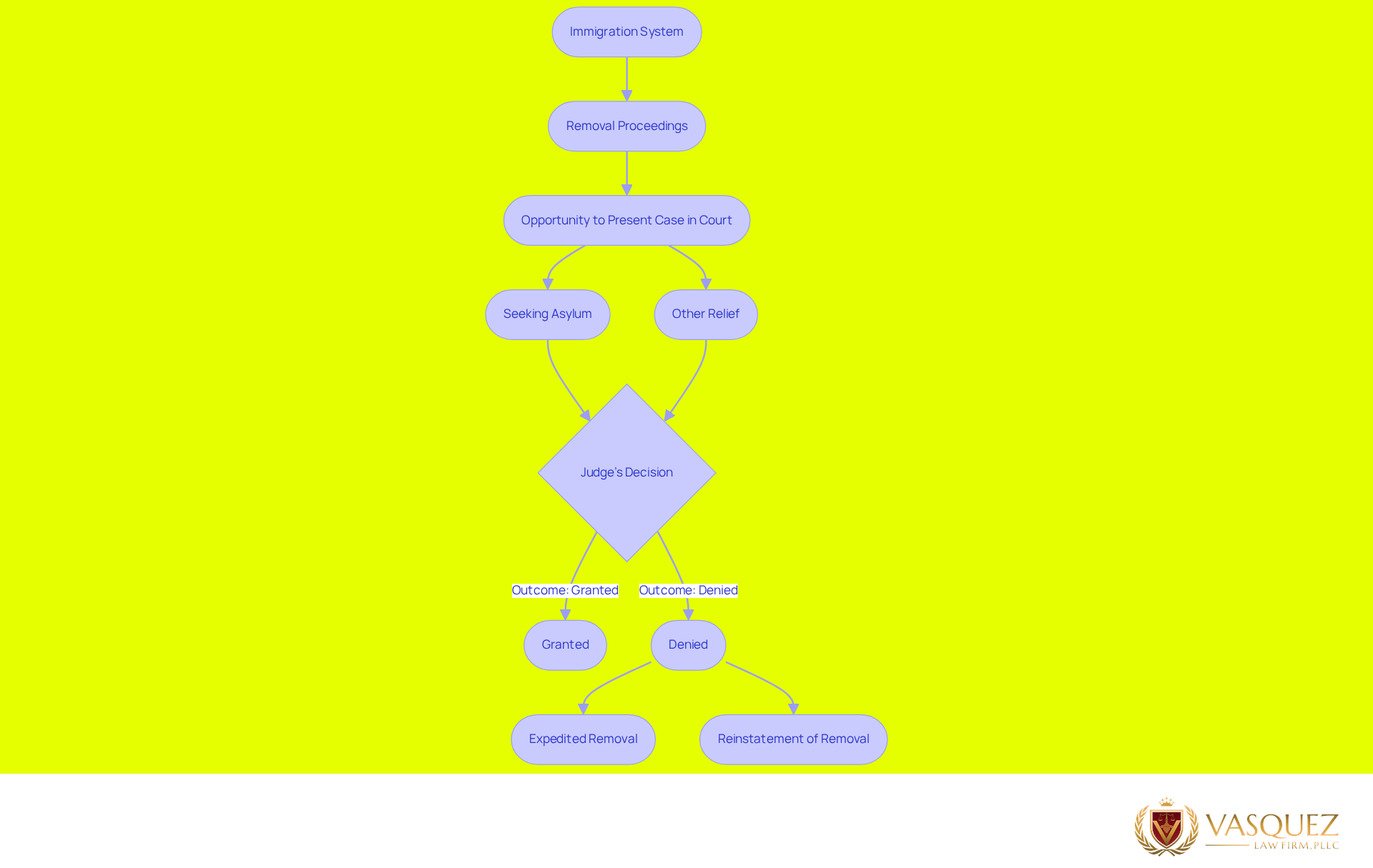 This flowchart illustrates the steps involved in the immigration removal process. Start at the top with the immigration system, then follow the arrows to see how individuals navigate through removal proceedings, present their cases, and the possible outcomes they face. Each color-coded box represents a different stage or decision point, helping you understand the complexities of the process.