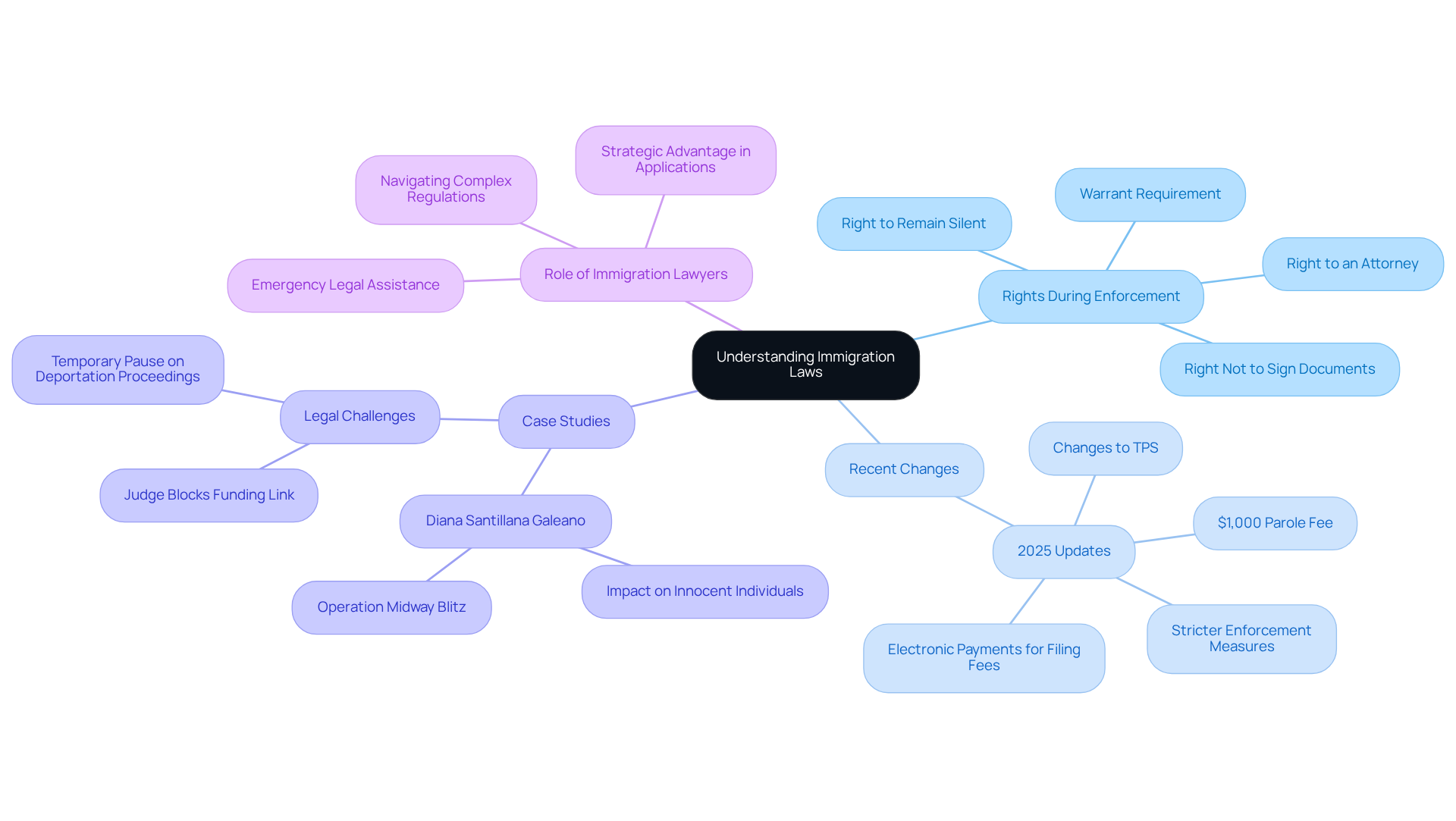 The central node represents the main topic, while branches show related areas of concern. Each sub-branch provides more detail, helping you understand how different aspects of immigration laws connect.