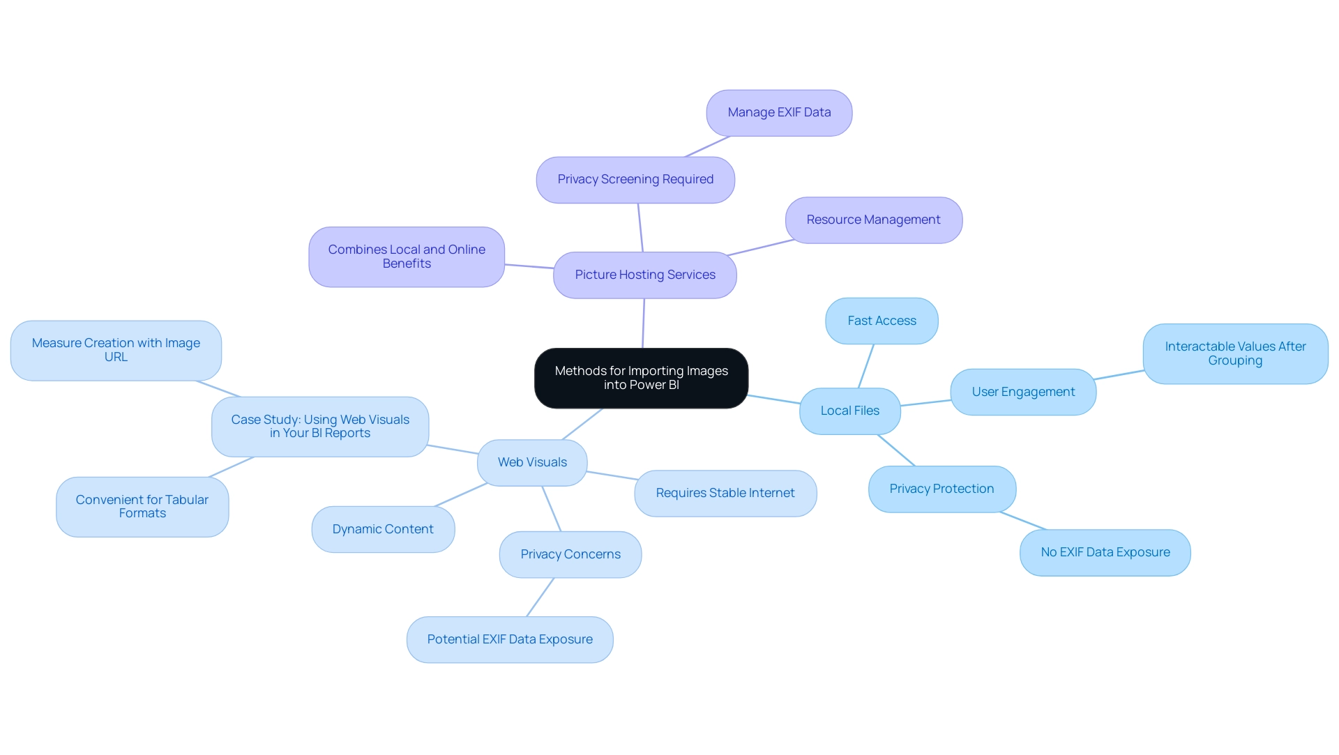 Each branch represents a method for importing images (Local Files, Web Visuals, Picture Hosting Services), with sub-branches detailing their respective advantages and privacy concerns.