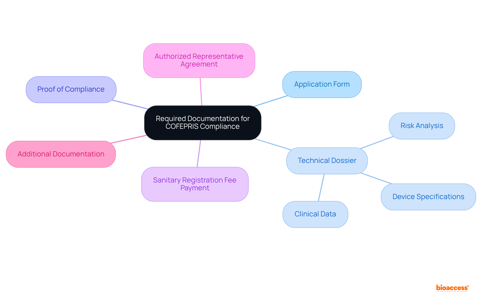 The center of the mindmap shows the main topic of required documentation. Each branch represents a type of document needed, and the sub-branches provide further details for specific requirements where applicable. This layout helps visualize everything you need to prepare for successful enrollment.