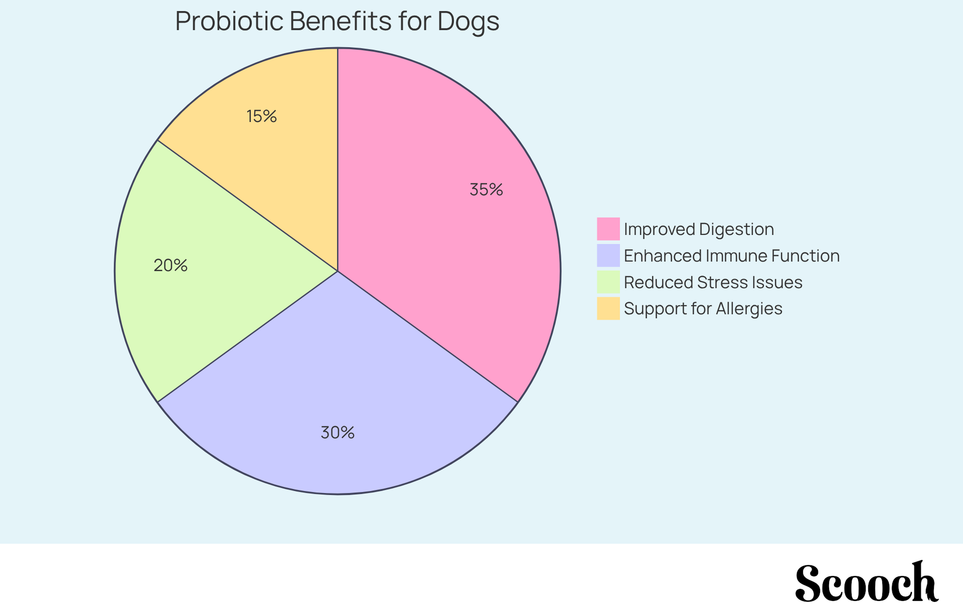 Each slice of the pie shows a different health benefit of probiotics for your dog. The bigger the slice, the more significant that benefit is for your furry friend's well-being! Each slice of the pie shows a different health benefit of probiotics for your dog. The bigger the slice, the more significant that benefit is for your furry friend's well-being!