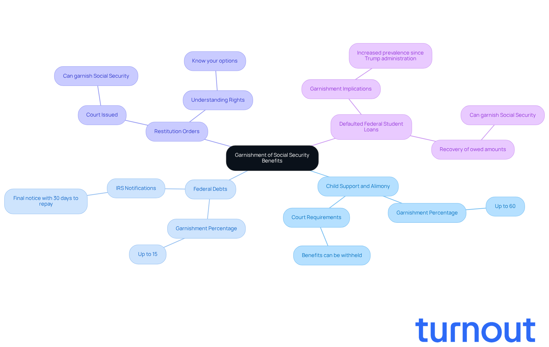 The central node represents the main topic, while each branch shows a specific condition that can lead to garnishment. Follow the branches to understand the implications of each situation. The central node represents the main topic, while each branch shows a specific condition that can lead to garnishment. Follow the branches to understand the implications of each situation.