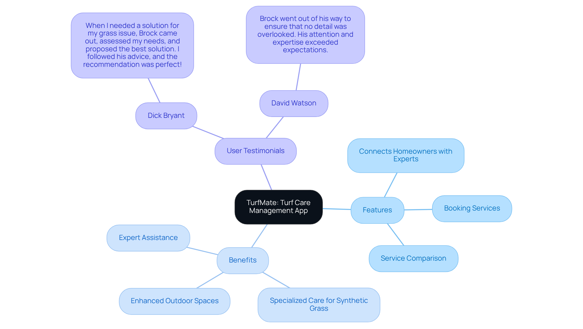The central node represents the TurfMate app, with branches showing its features, benefits, and real user experiences. Each branch helps you understand how the app works and the positive impact it has on homeowners' lawn care.