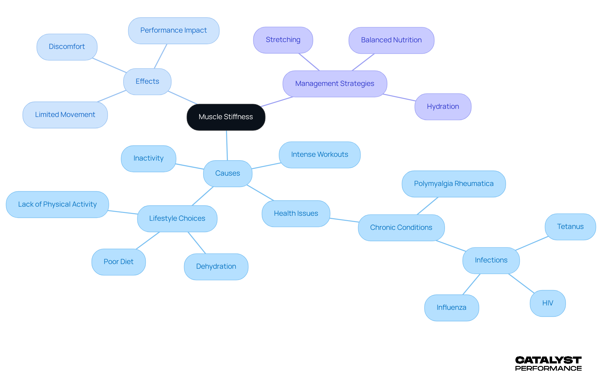 The central node represents muscle stiffness, with branches showing its causes, effects, and ways to manage it. Each branch helps you see how different factors are connected to the overall concept.