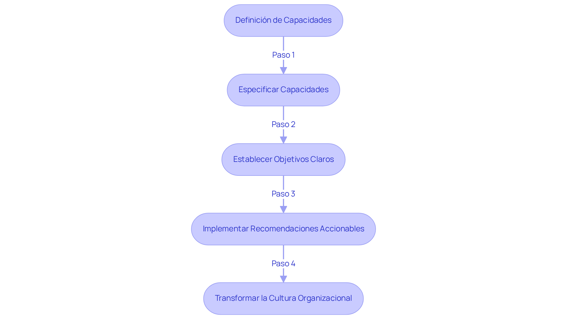 Cada cuadro representa un paso en el proceso de definir y mejorar capacidades. Sigue las flechas para ver cómo cada paso se conecta con el siguiente y cómo contribuye a la mejora continua.