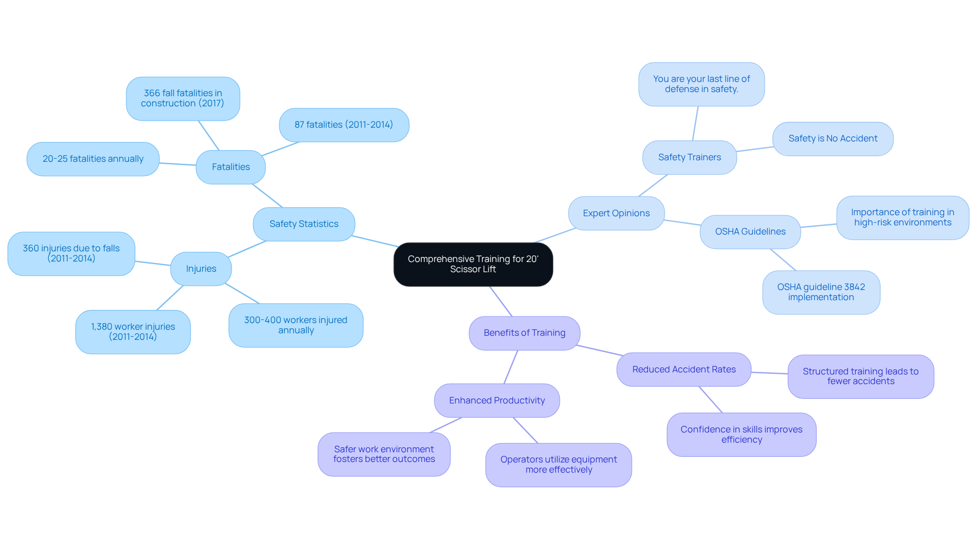 The center represents the main focus on training, with branches showing different aspects that support the importance of training in ensuring safety and efficiency. Each branch highlights a critical area of discussion.