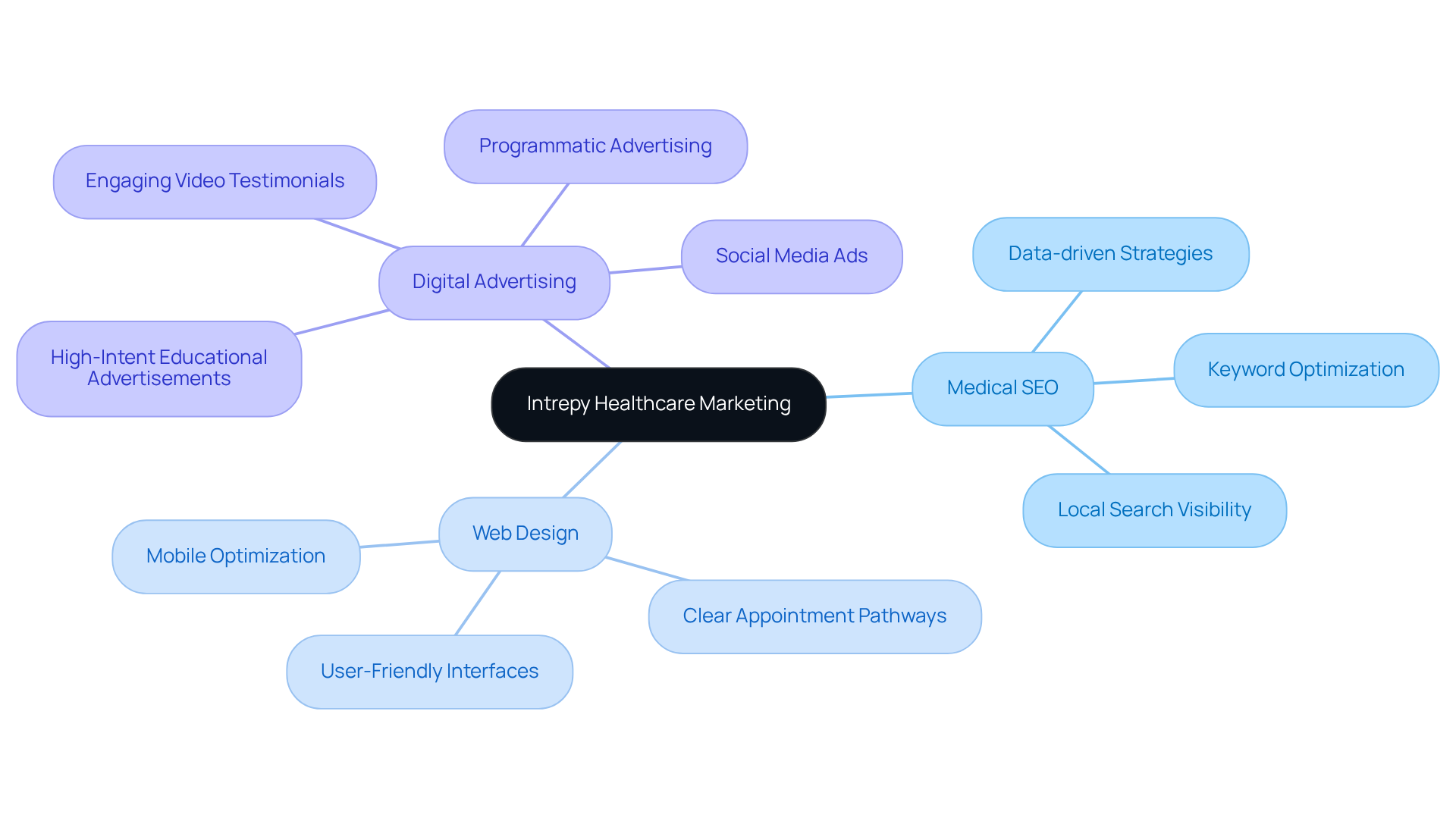 The center represents Intrepy's core focus, while the branches show the specific services they offer and the strategies they use to connect with clients.
