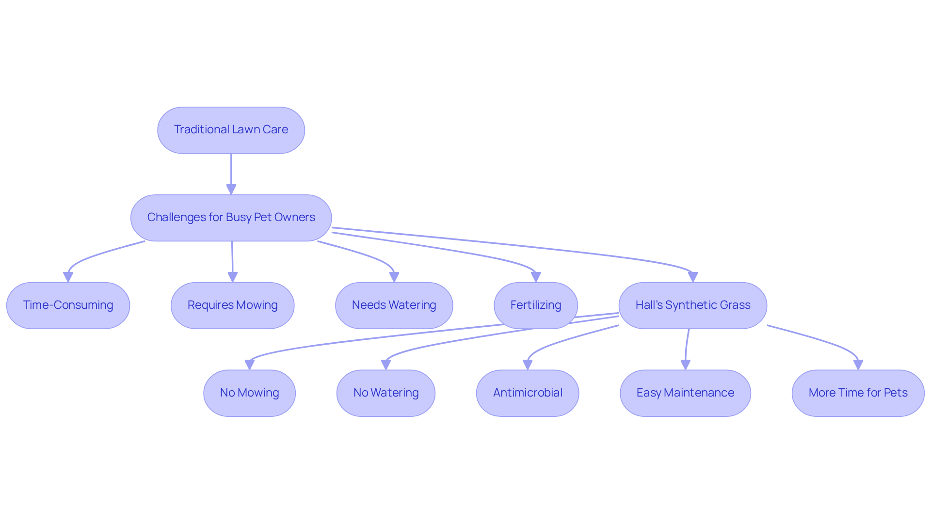This flowchart illustrates the shift from traditional lawn care to synthetic grass. Each step highlights the challenges faced by busy pet owners and the benefits of switching to Hall's synthetic grass, ultimately leading to more quality time with pets.