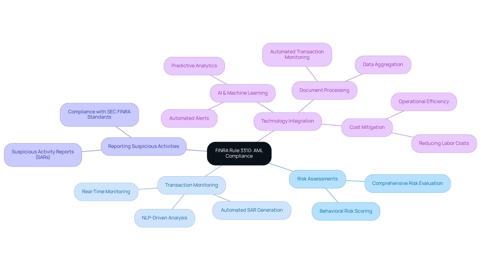 The central node represents the main rule, while branches show the essential components and technologies involved in AML compliance. Each color-coded branch helps you see how different aspects relate to the overall compliance strategy.