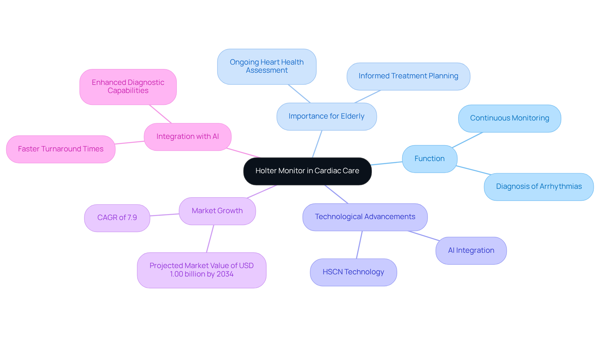 The central node represents the Holter monitor, while the branches show its various aspects, such as how it functions, its importance for elderly patients, advancements in technology, and market trends. Each branch helps you understand a different part of the overall picture.