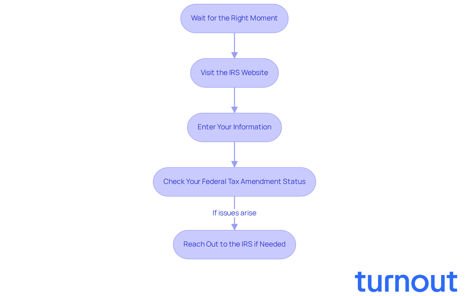 Each box represents a step you need to take to check your amended tax return status. Follow the arrows to see the order of actions, from waiting to reaching out for help if needed.