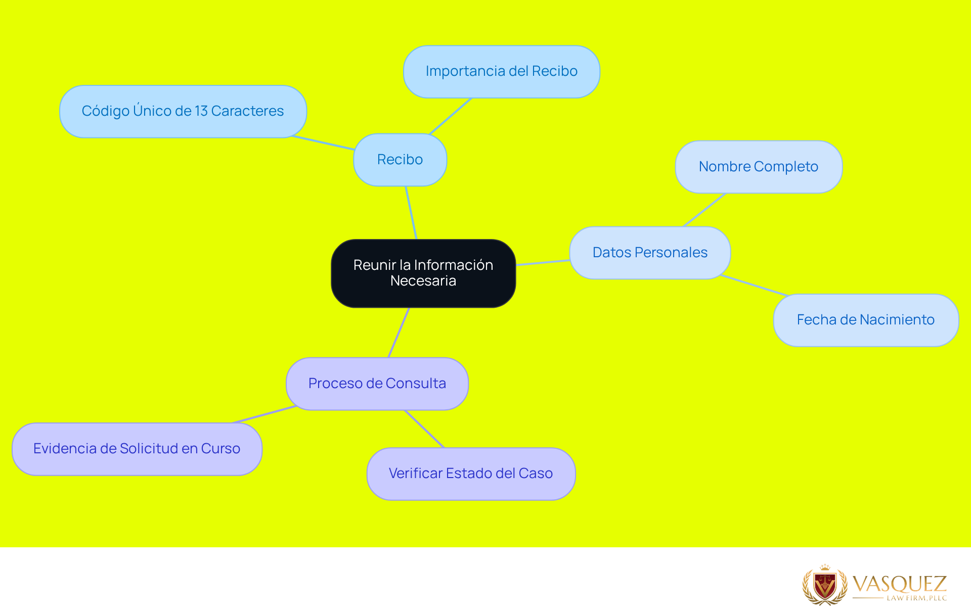 El nodo central muestra la idea principal y las ramas detallan los documentos y datos necesarios, ayudando a visualizar cómo cada parte contribuye al proceso de consulta.