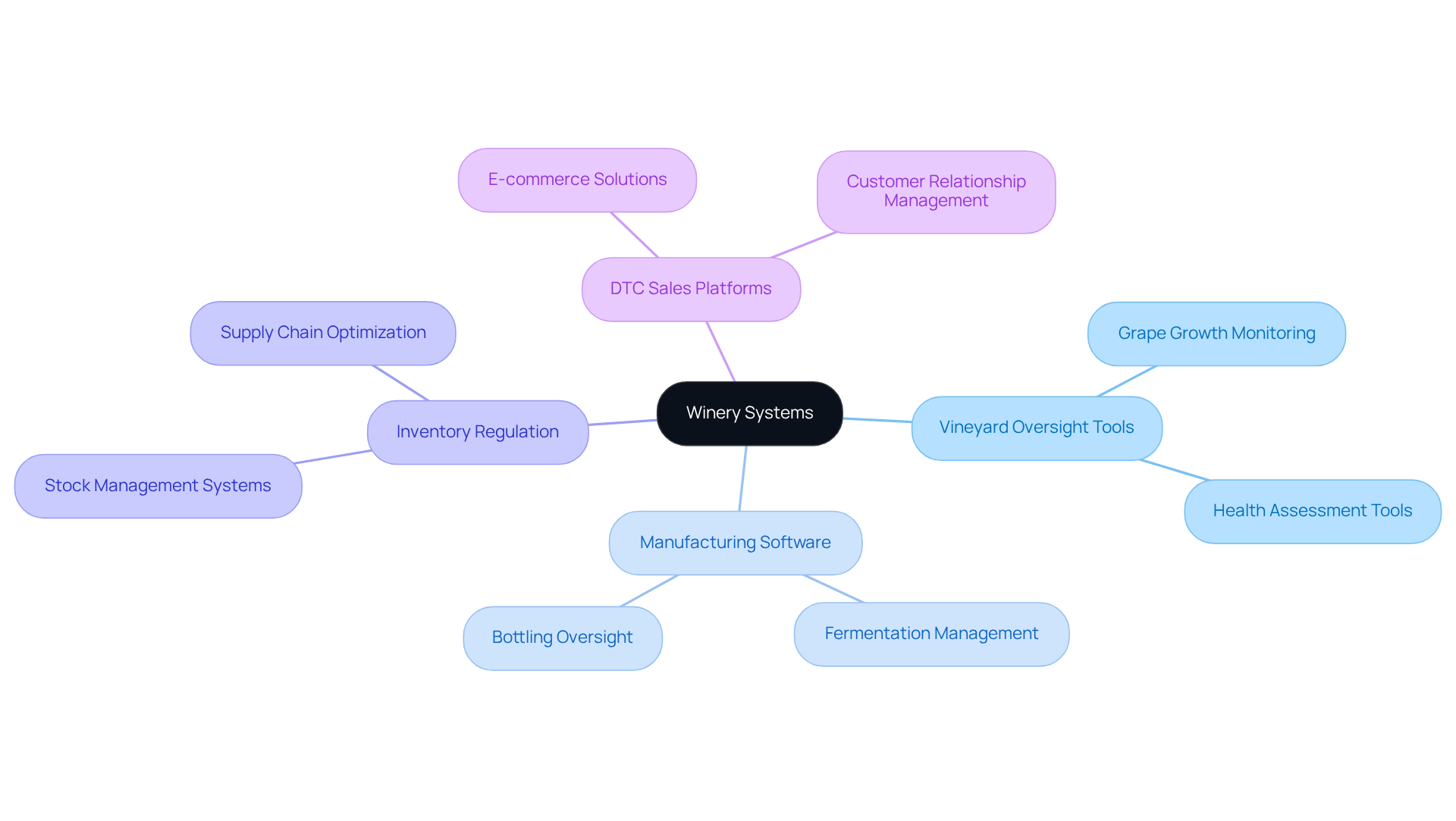 The central idea is 'Winery Systems', with branches showing the essential tools and platforms used in the process. Each branch represents a component that contributes to the winery's operations.