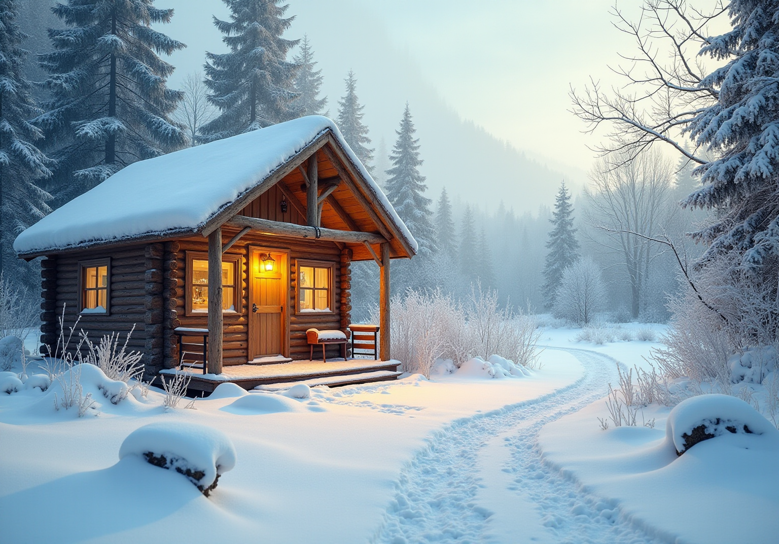 Cozy Cabin in a Snowy Landscape Cozy Cabin in a Snowy Landscape