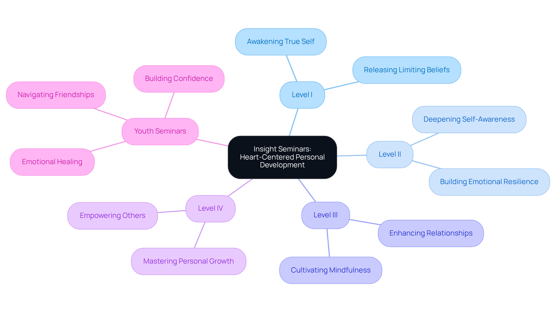 The center represents the overall seminar program. Each branch shows a seminar level, with sub-branches detailing what participants will learn and achieve at each stage. The youth seminars are also highlighted to illustrate their importance in the overall framework. The center represents the overall seminar program. Each branch shows a seminar level, with sub-branches detailing what participants will learn and achieve at each stage. The youth seminars are also highlighted to illustrate their importance in the overall framework.