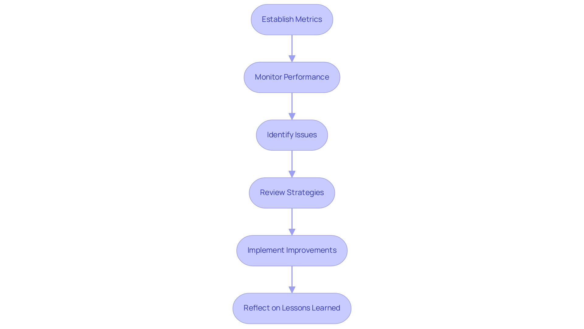 Each box represents a step in the evaluation process, with arrows indicating the sequential flow from establishing metrics to reflecting on lessons learned.