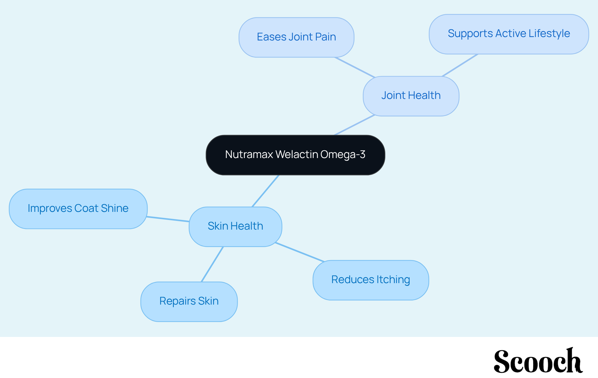 This mindmap shows how Nutramax Welactin Omega-3 supports your dog's health. Start at the center with the supplement, then follow the branches to see how it helps with skin and joint issues. Each sub-branch explains specific benefits, making it easy to understand how this product can improve your dog's quality of life.