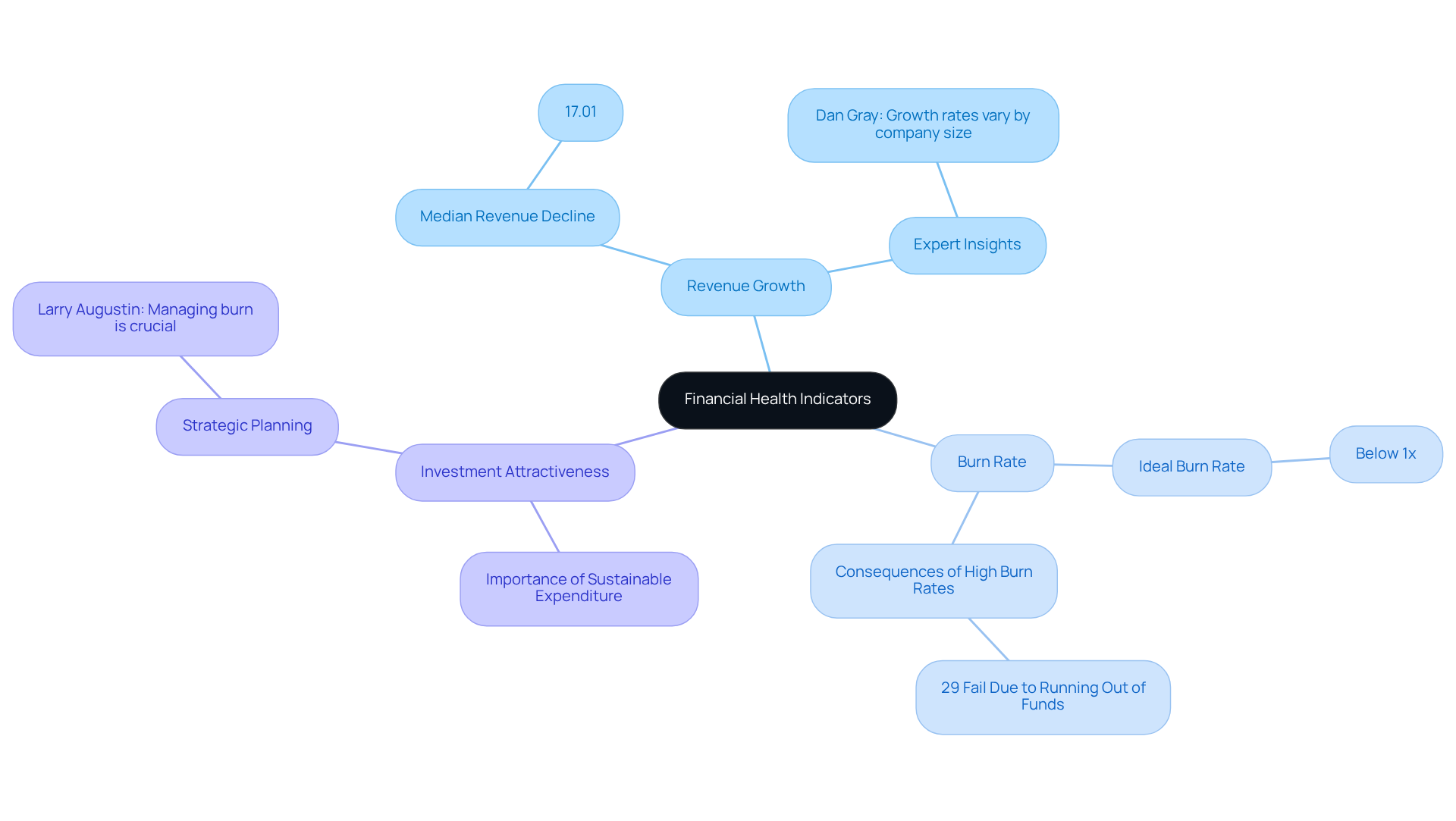 This mindmap shows how different financial metrics are related. Start at the center with financial health, then explore branches for revenue, burn rate, and their impact on attracting investors.