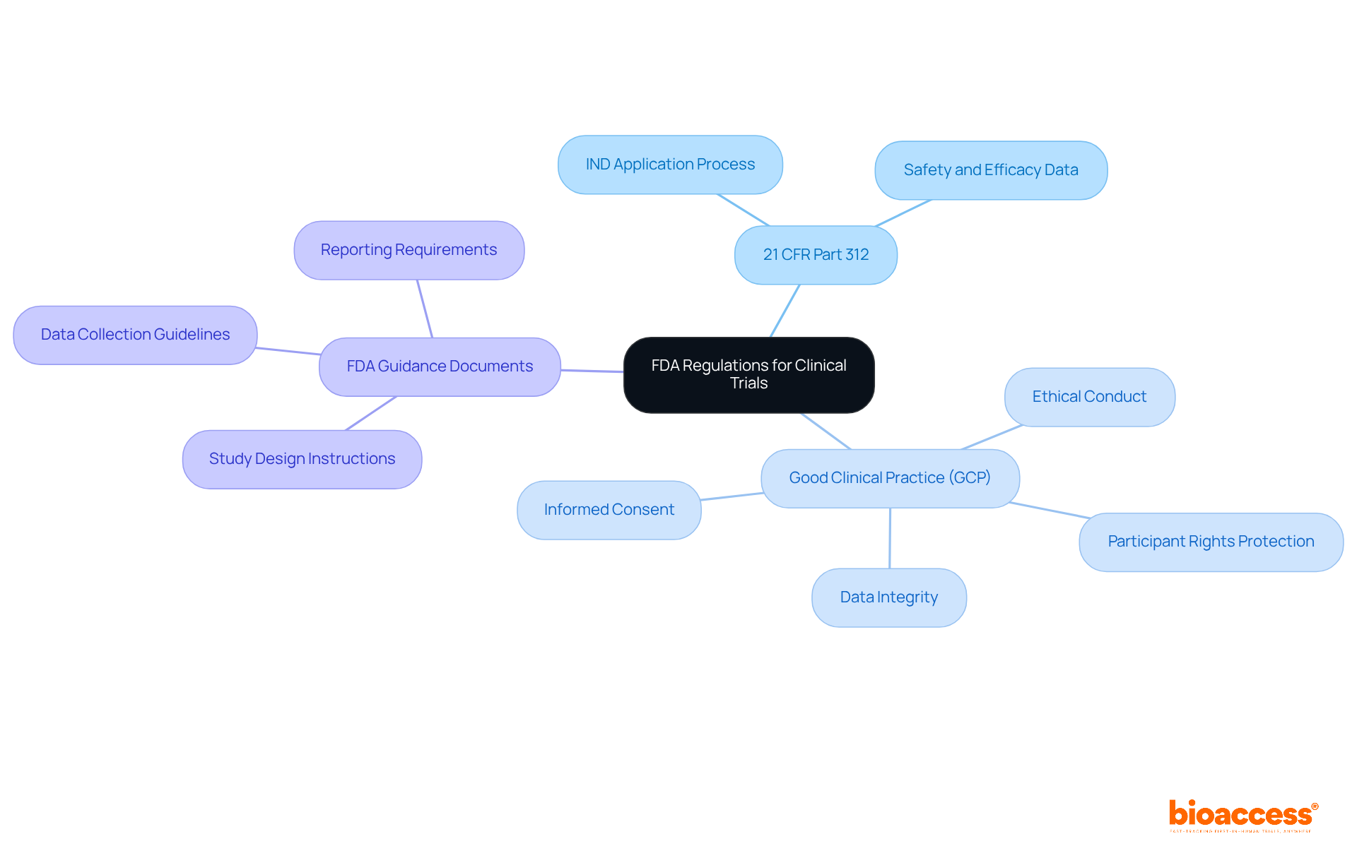 The central node represents the main topic of FDA regulations, while the branches show the key regulations and their importance. Each color-coded branch helps you quickly identify different areas of focus within the regulatory framework.