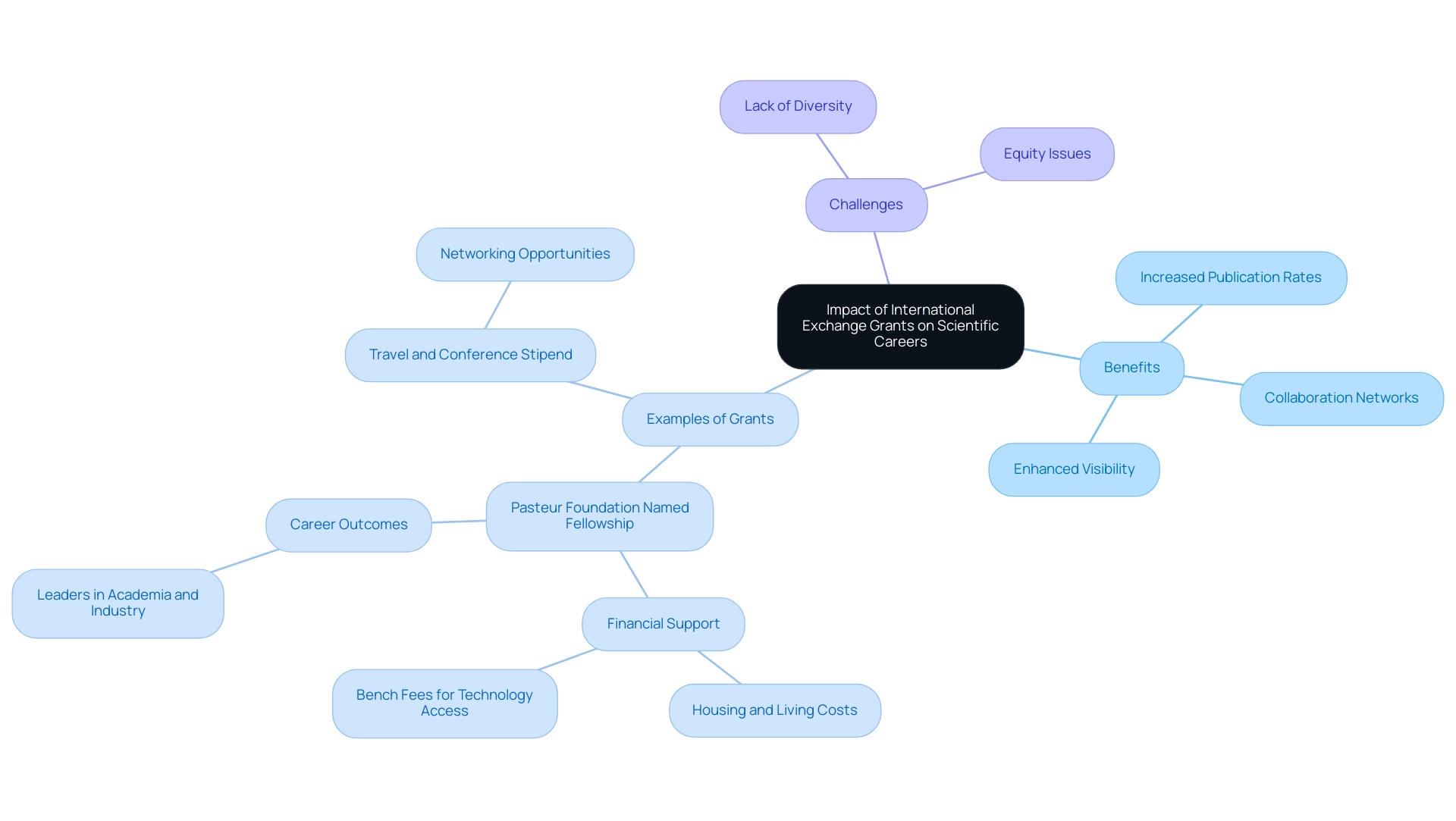 The central node represents the overall impact, with branches indicating benefits, examples of grants, and challenges faced in the application process.