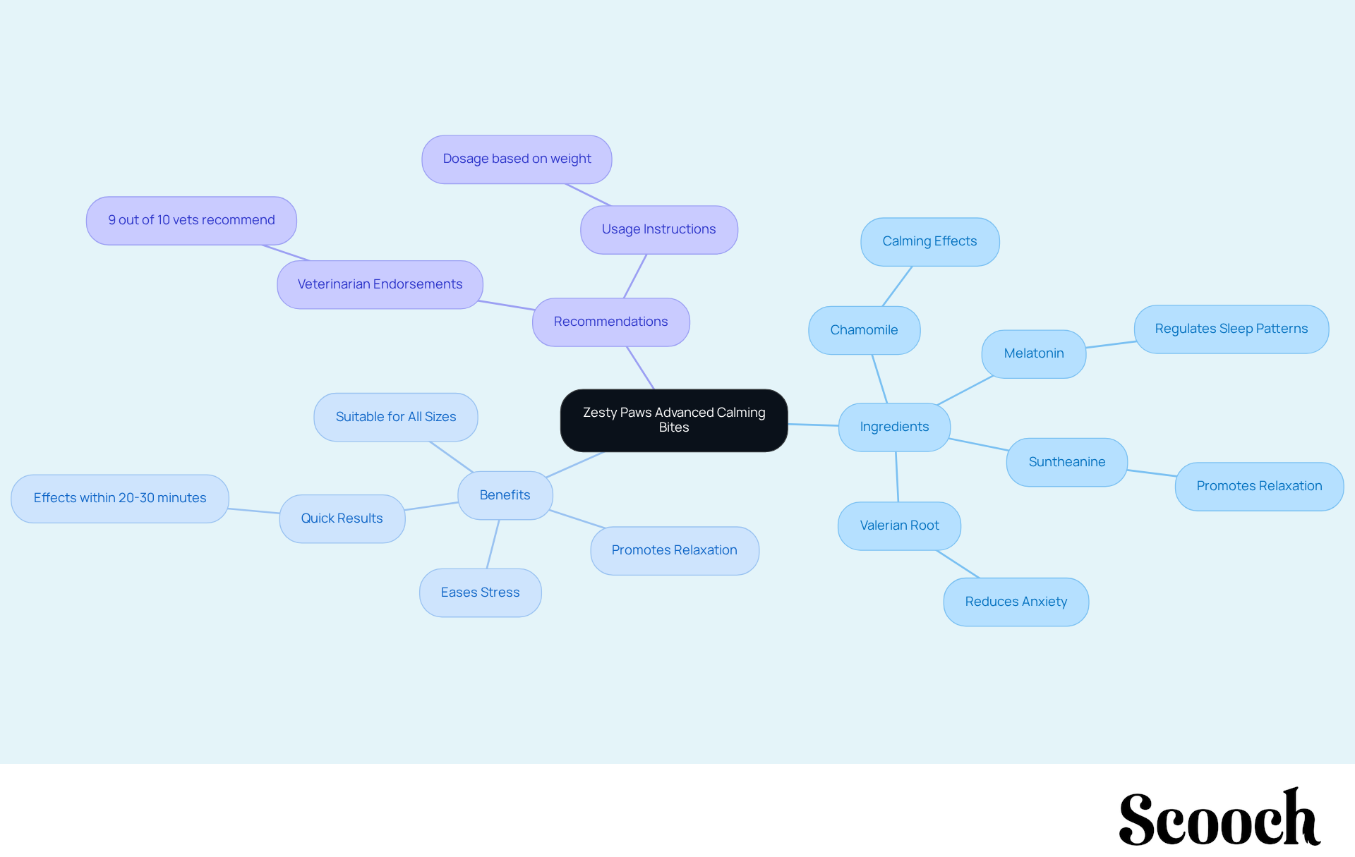 The center shows the product, and the branches illustrate its ingredients, benefits, and expert recommendations. Each branch helps you see how everything connects to support your dog's well-being.
