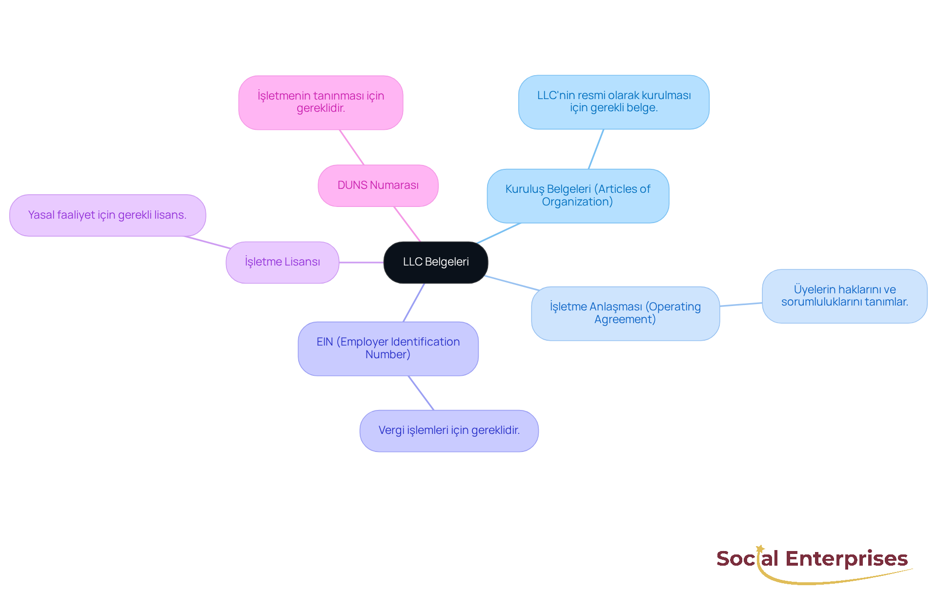 Merkezde LLC belgeleri var; her dal ise gerekli belgeleri ve bunların işlevlerini gösteriyor. Dalların ne anlama geldiğini görmek için üzerlerine tıklayarak daha fazla bilgi alabilirsiniz. Merkezde LLC belgeleri var; her dal ise gerekli belgeleri ve bunların işlevlerini gösteriyor. Dalların ne anlama geldiğini görmek için üzerlerine tıklayarak daha fazla bilgi alabilirsiniz.
