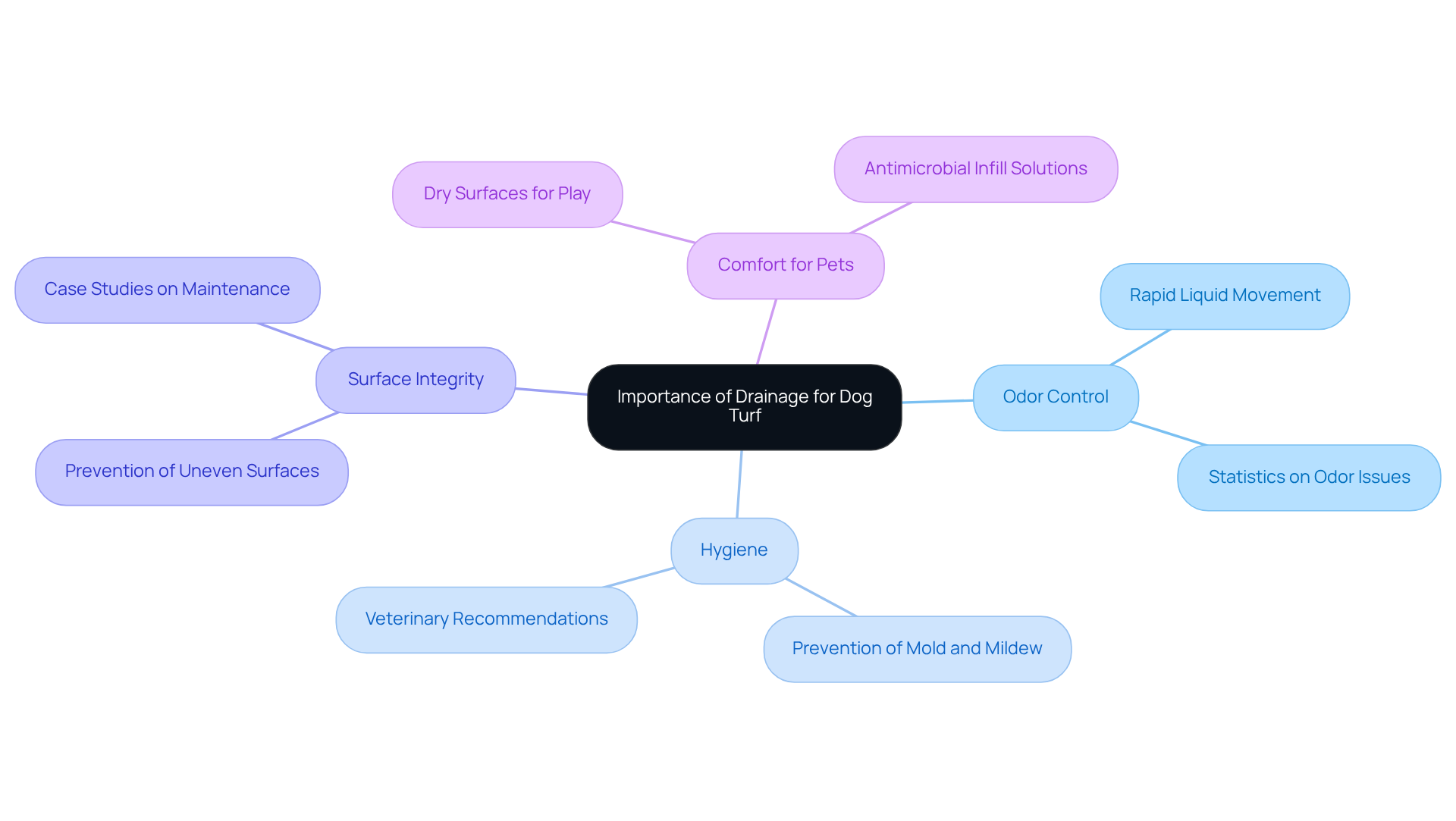 Start at the center with the main topic, then explore each branch to understand why drainage matters for your dog's turf. Each branch highlights a key reason, making it easy to see how they all connect to the overall importance of proper drainage.