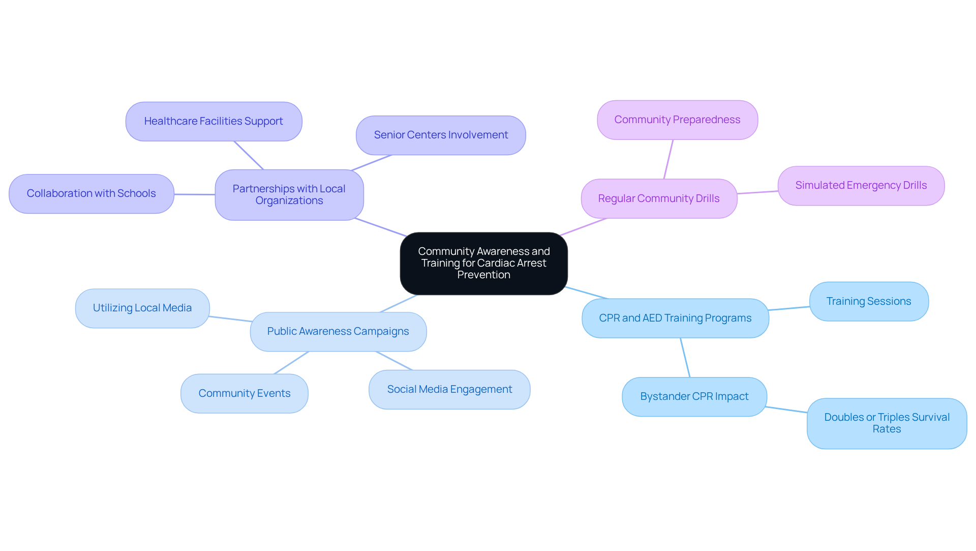 The central node represents the main focus on community awareness and training, while the branches show different initiatives that contribute to preventing cardiac arrest. Each initiative has its own actions or benefits that help build a more informed and prepared community.