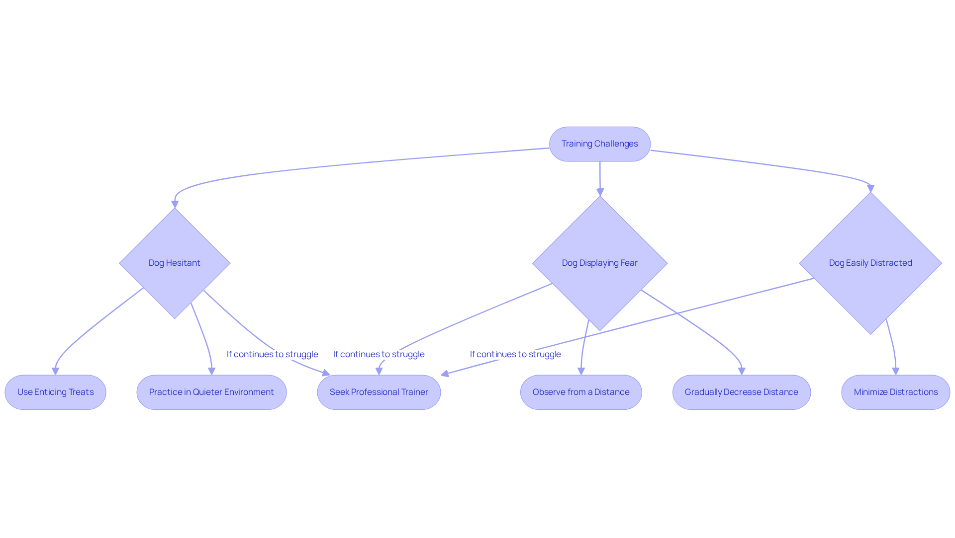 This flowchart shows what to do if your dog faces common training challenges. Follow the arrows to see what actions to take based on your dog's behavior — each option leads you to the next step in helping your furry friend.