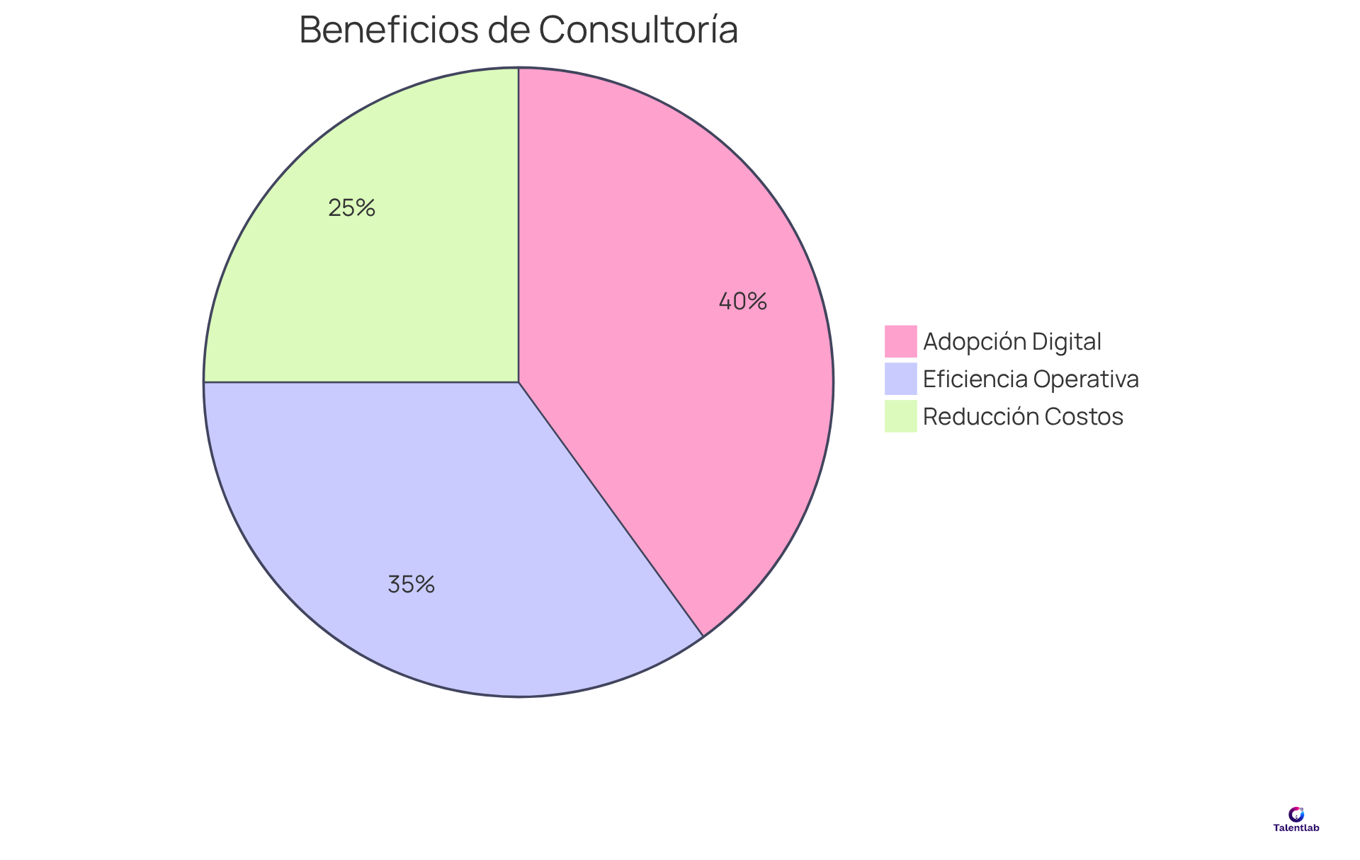 Cada segmento del gráfico muestra un beneficio específico que las empresas han obtenido gracias a la consultoría. El tamaño de cada segmento indica la magnitud del beneficio: cuanto más grande sea el segmento, mayor es el impacto observado.