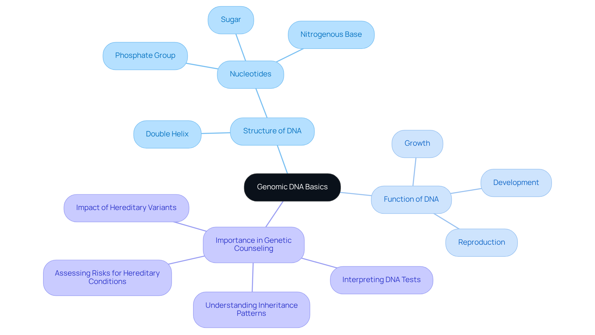 The central node represents the main topic of genomic DNA. Each branch explores a different aspect: the structure, function, and significance in genetic counseling. Follow the branches to see how these concepts connect and support the role of genetic counselors. The central node represents the main topic of genomic DNA. Each branch explores a different aspect: the structure, function, and significance in genetic counseling. Follow the branches to see how these concepts connect and support the role of genetic counselors.