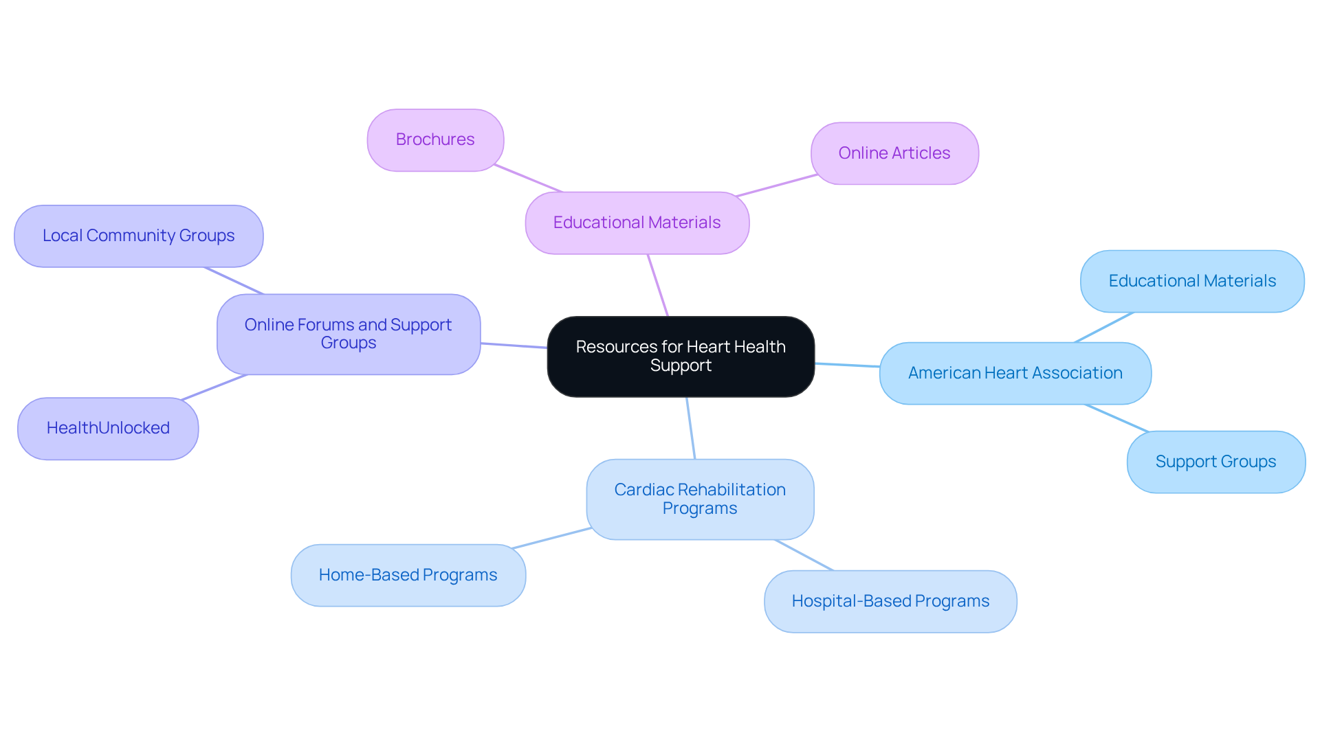 The center represents the main theme of accessing resources, while the branches show different types of support available. Each branch leads to specific resources that can help you on your journey to better heart health.