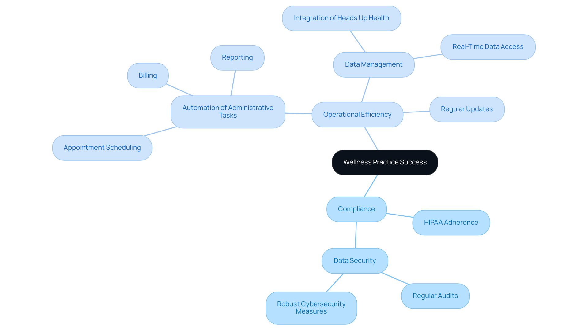 The central node represents overall success in wellness practices. Branches show critical areas to focus on, with specific actions and considerations listed beneath each main theme. The central node represents overall success in wellness practices. Branches show critical areas to focus on, with specific actions and considerations listed beneath each main theme.