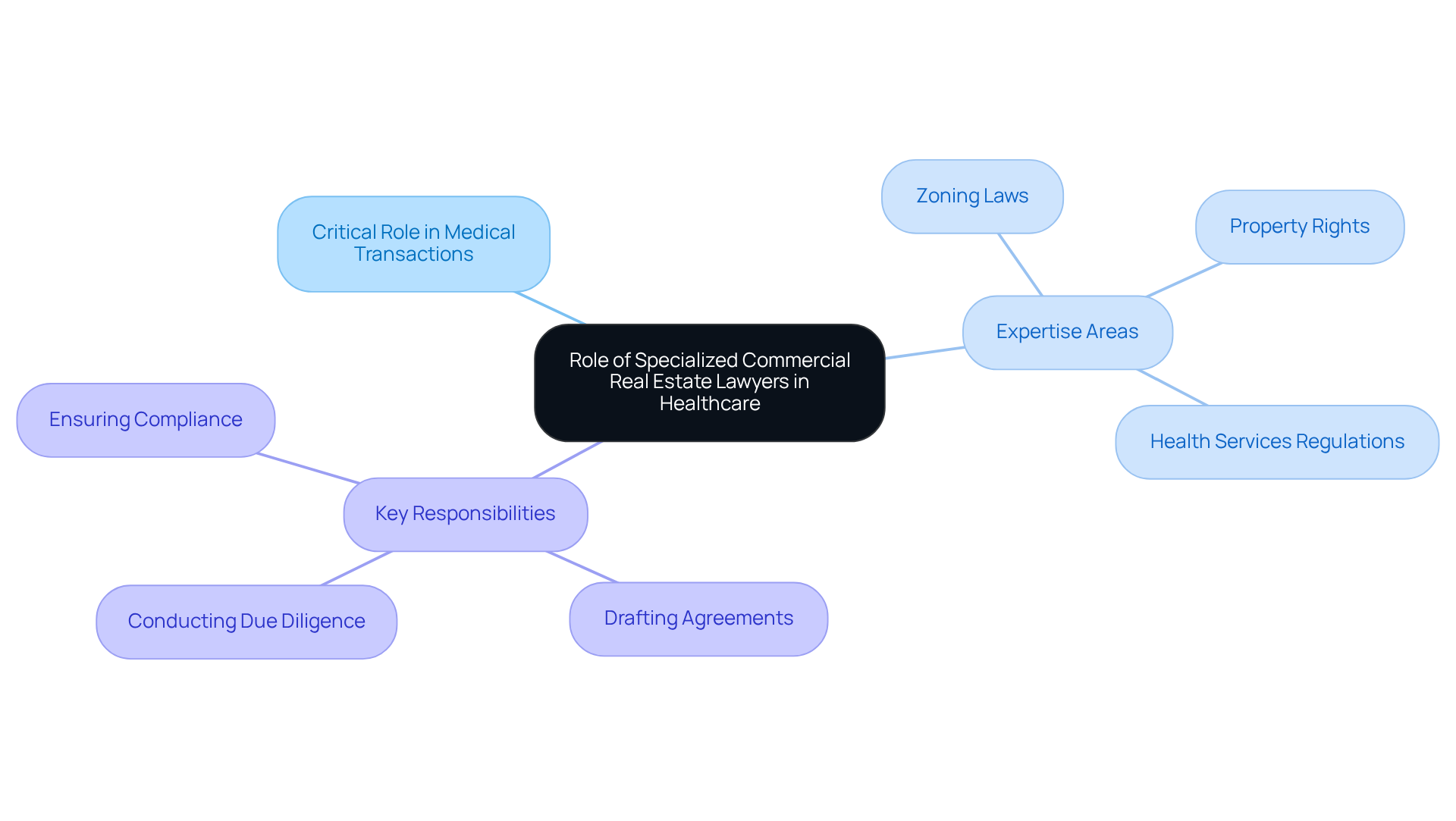 The central node represents the main topic, while the branches show the different areas of expertise and responsibilities of these lawyers. Each color-coded branch helps you quickly identify related concepts.